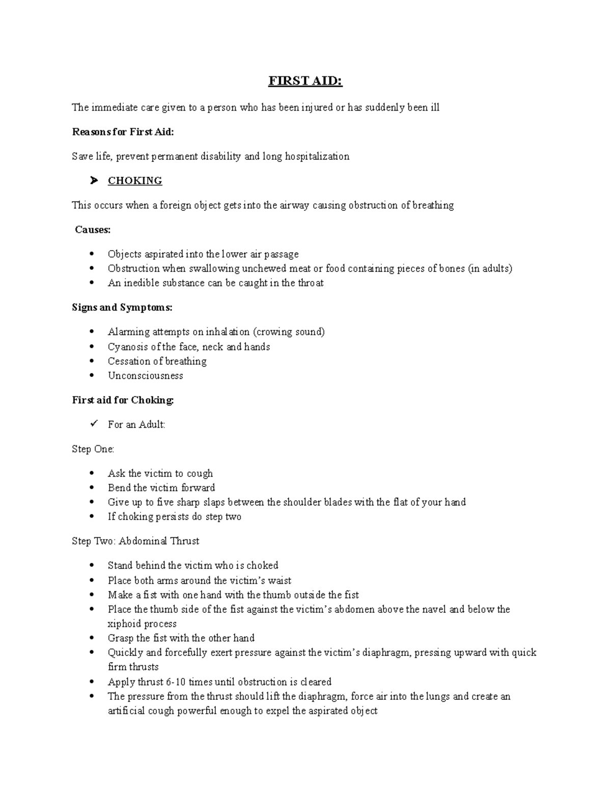 First AID - Lecture notes 1 - FIRST AID: The immediate care given to a ...