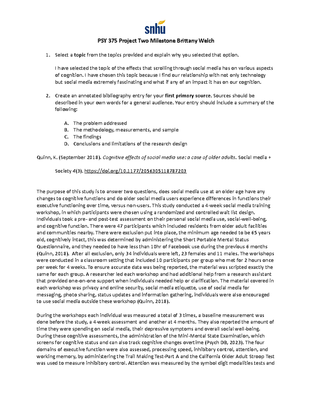 PSY 375 Project Two Milestone - I have selected the topic of the ...