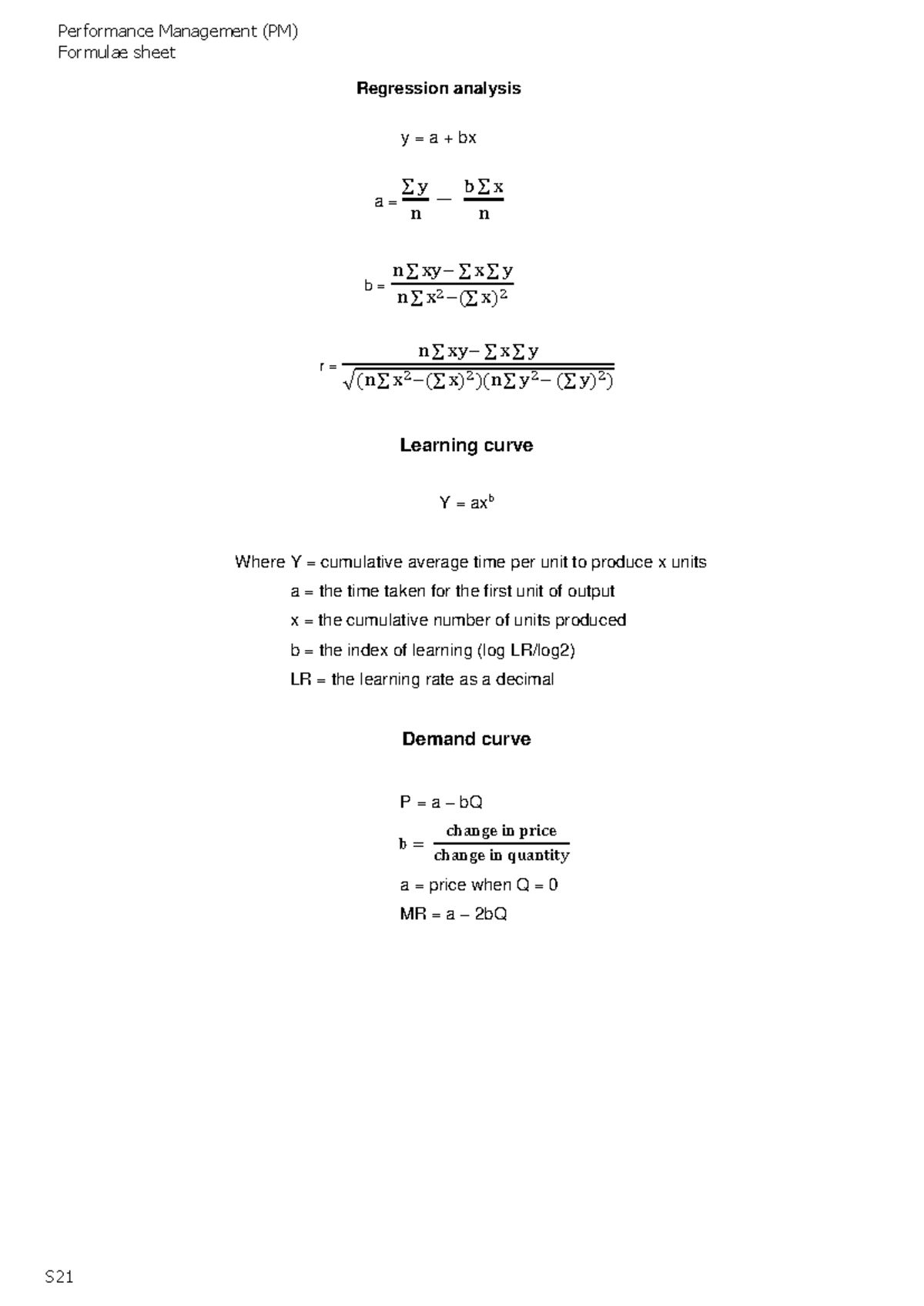 PM formula sheet and table wef S21 - S Performance Management (PM ...