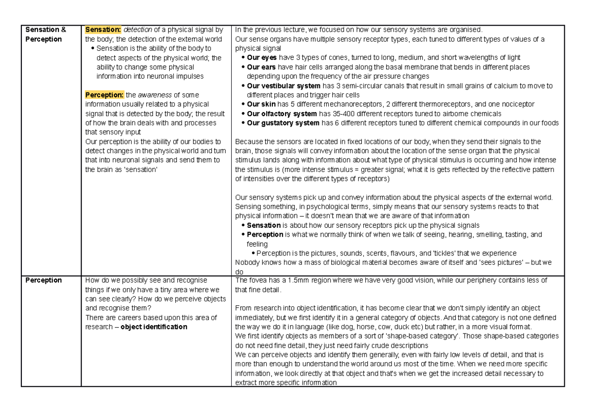 Perception Table 2 - Sensation & Perception Sensation: detection of a ...