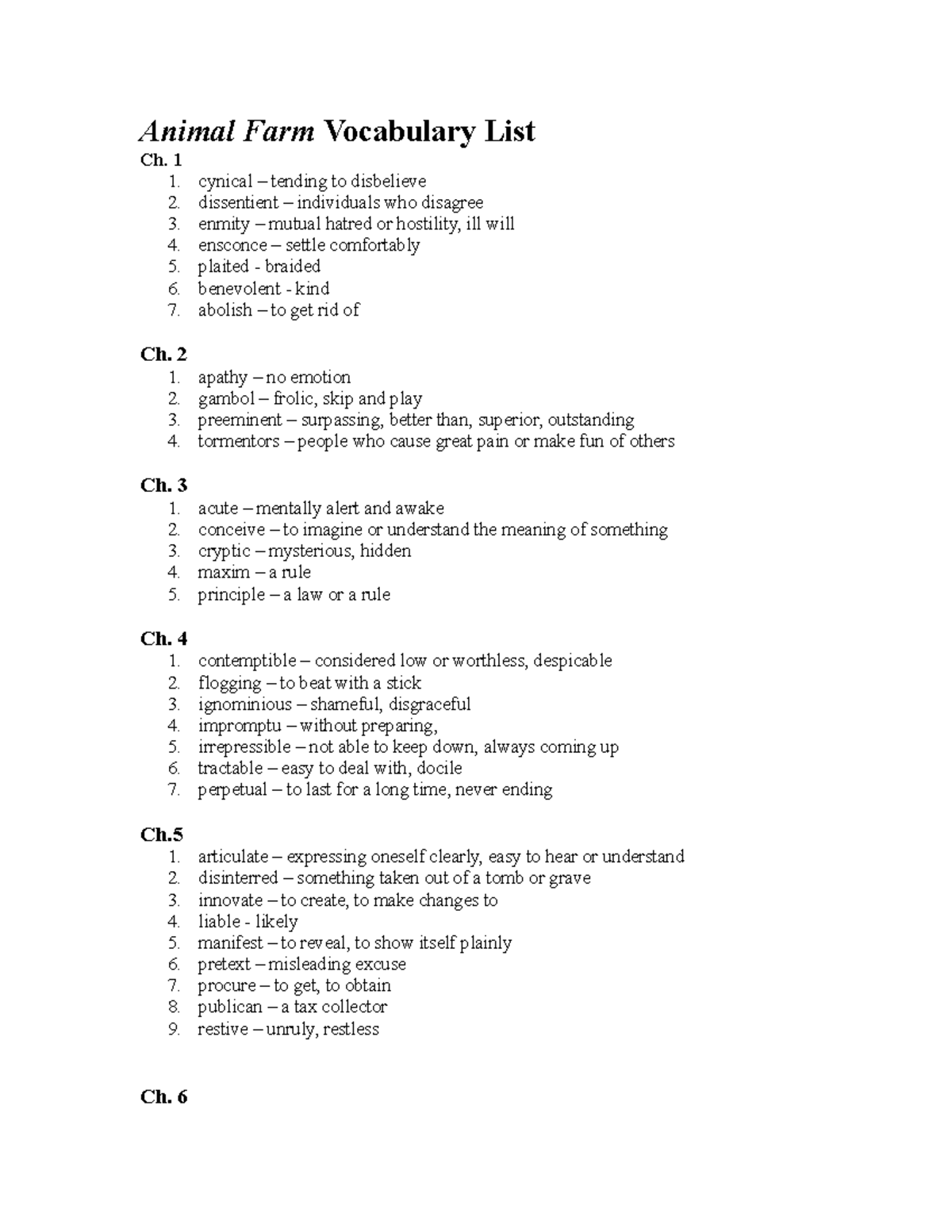 AF Vocab - idek - Animal Farm Vocabulary List Ch. 1 1. cynical ...