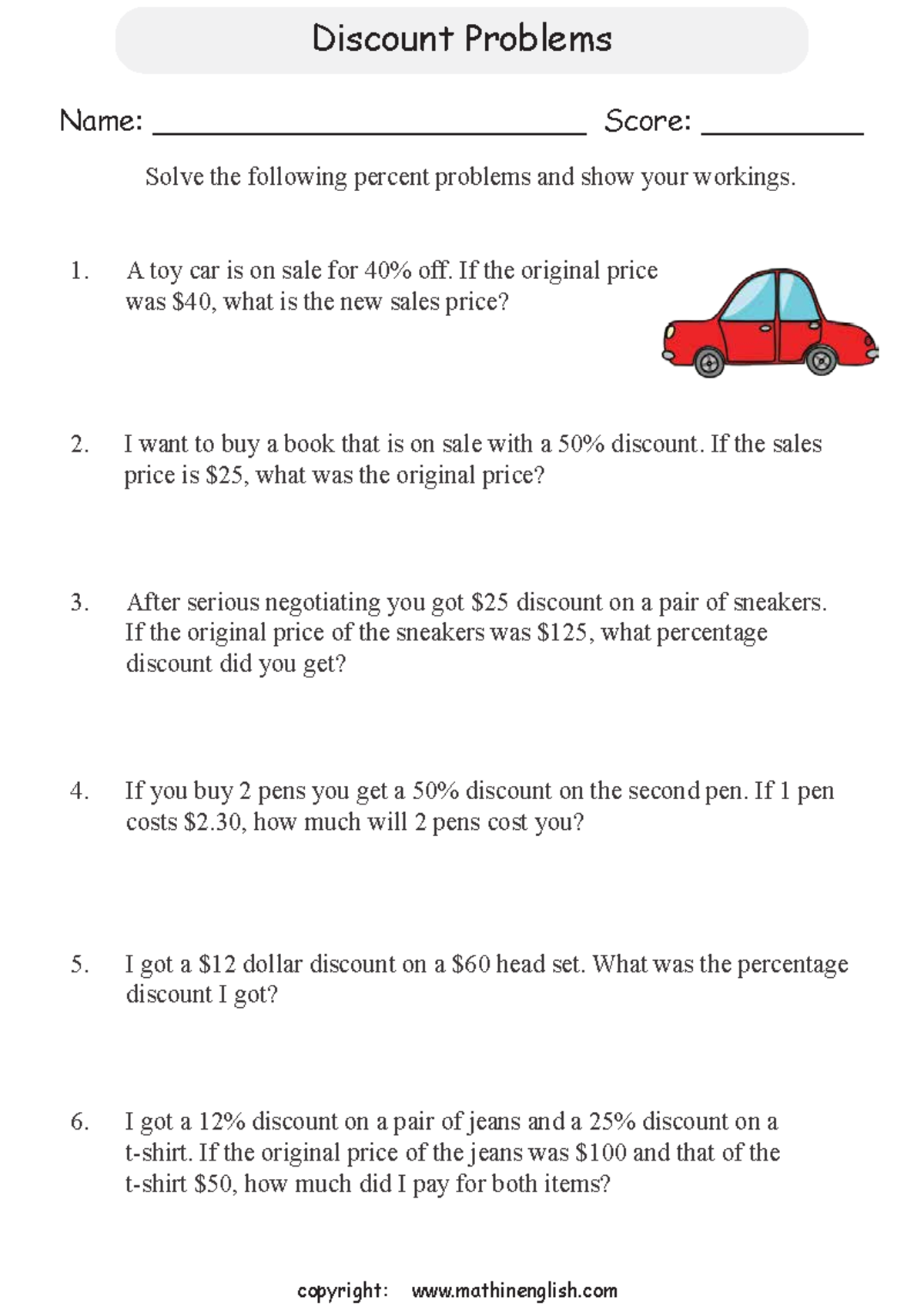 Discount Problems P 6 - Name: ________________________ Score ...