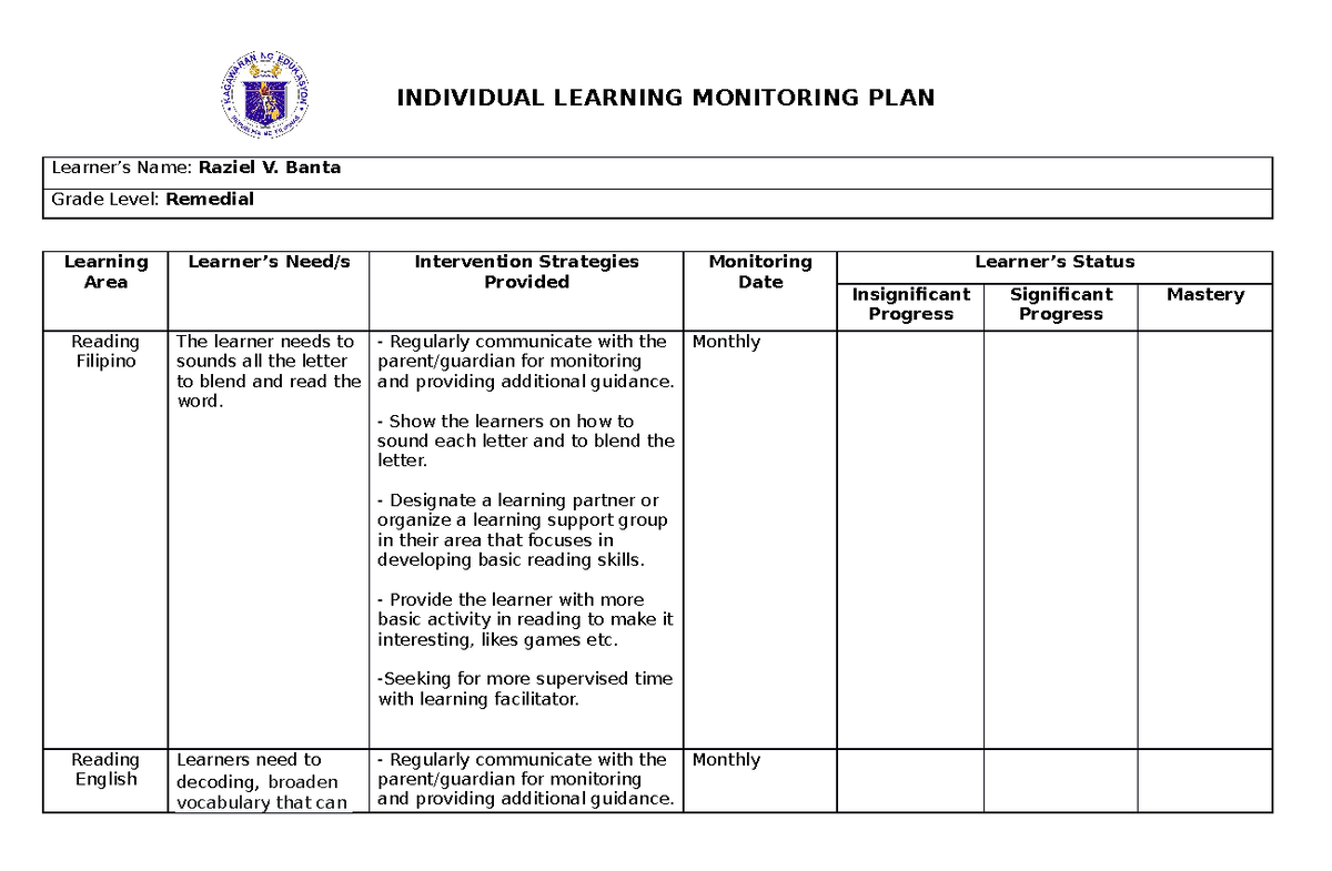 ILMP Sample - n/a - INDIVIDUAL LEARNING MONITORING PLAN Learner’s Name ...