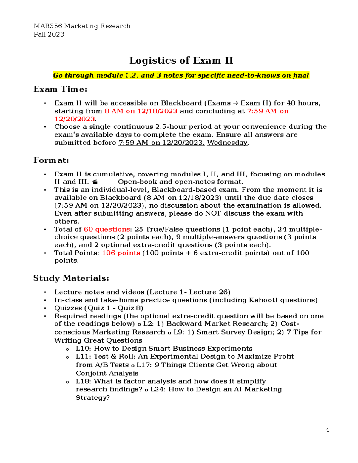 MAR356 Exam II Study Guide - Fall 2023 Logistics of Exam II Go through ...