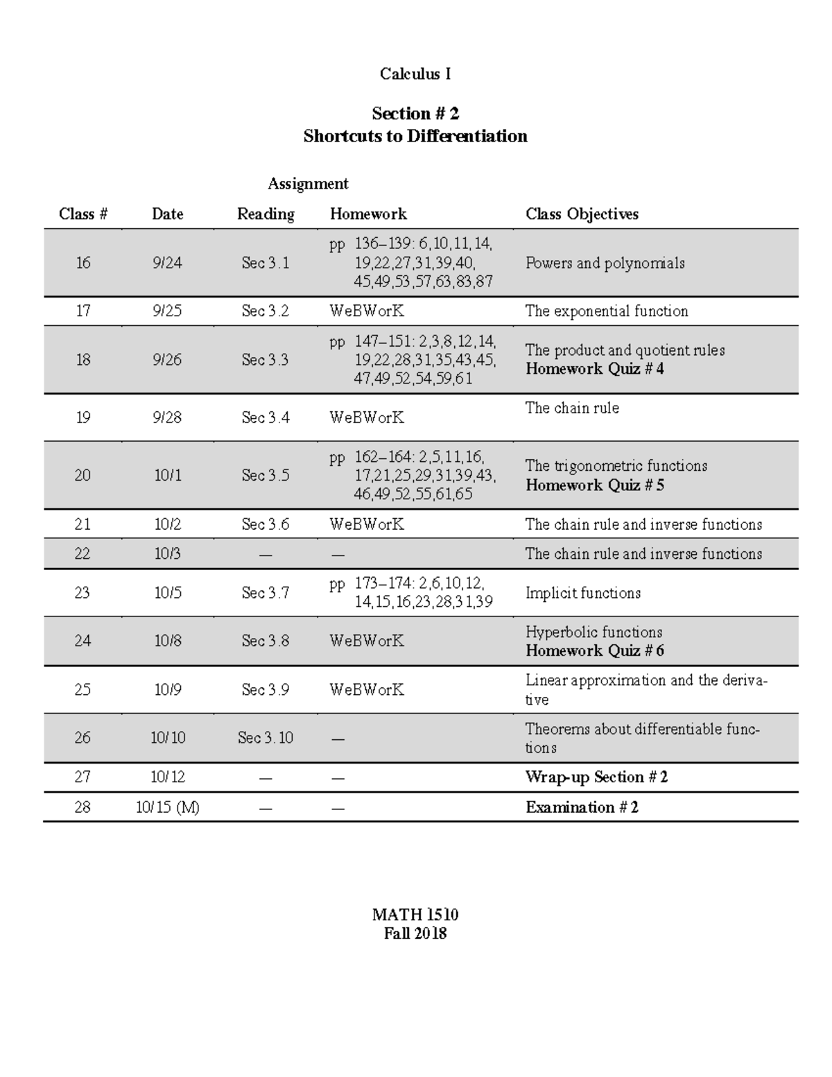 Section 2 Schedule - MATH 1510 Fall 2018 Calculus I Section # 2 ...