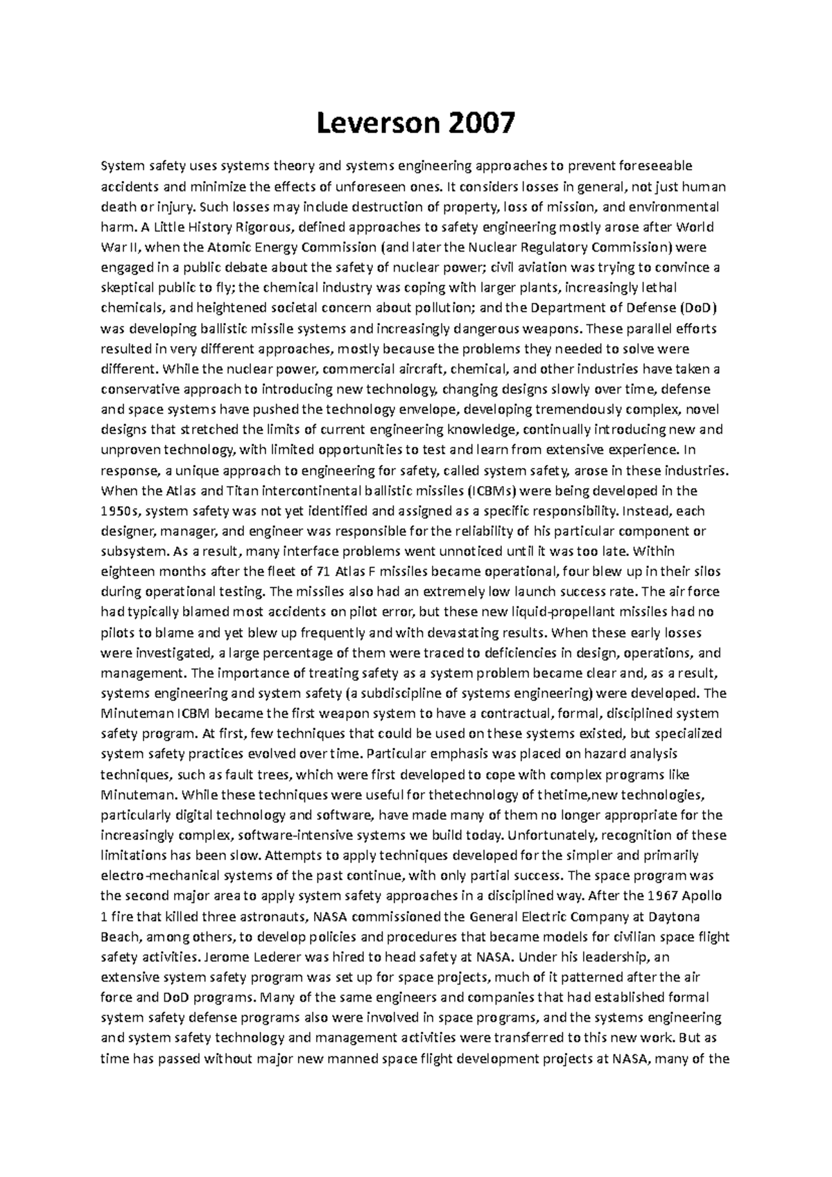 Leverson 2007 - An important reading for Risk module - Leverson 2007 ...