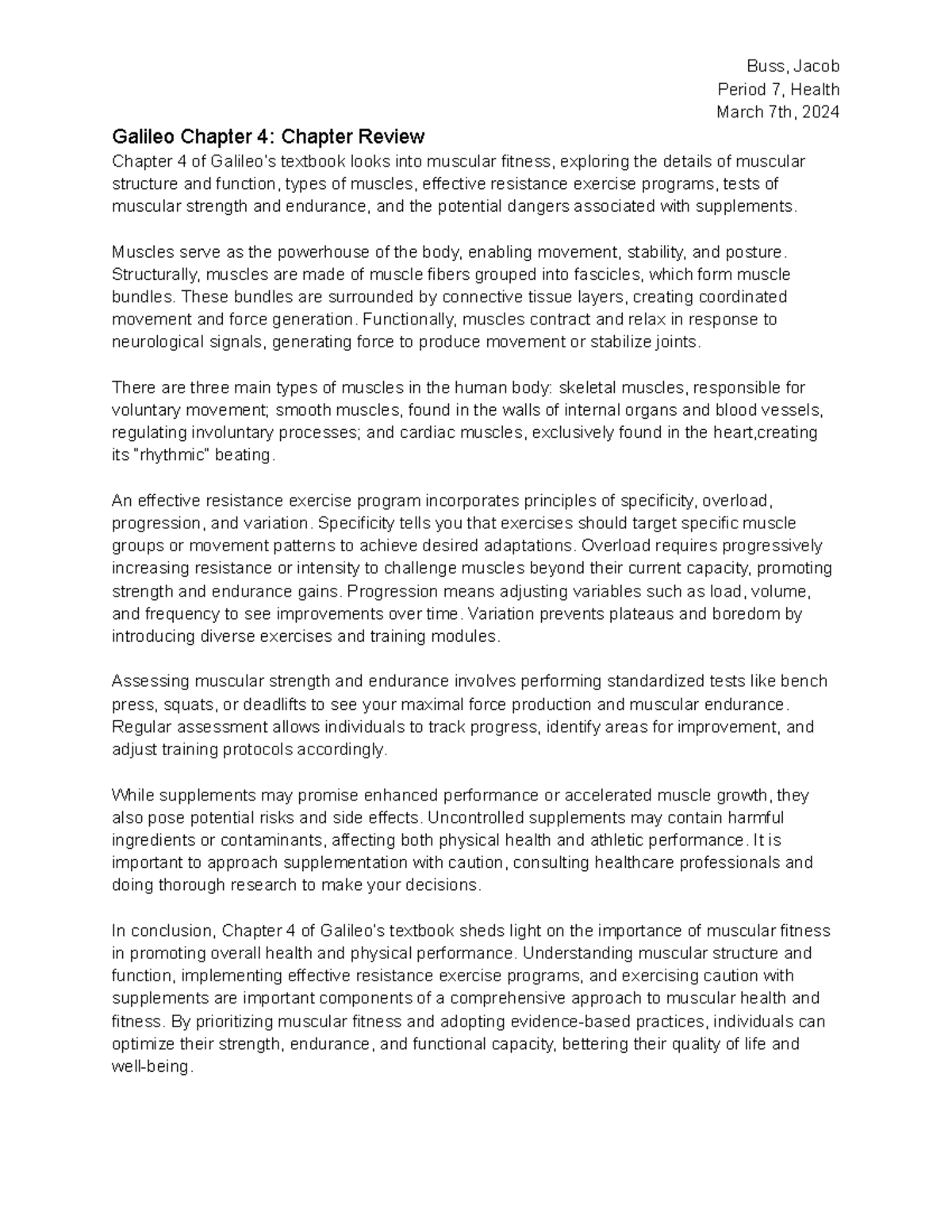 Chapter 4 Review - Buss, Jacob Period 7, Health March 7th, 2024 Galileo Chapter 4: Chapter ...