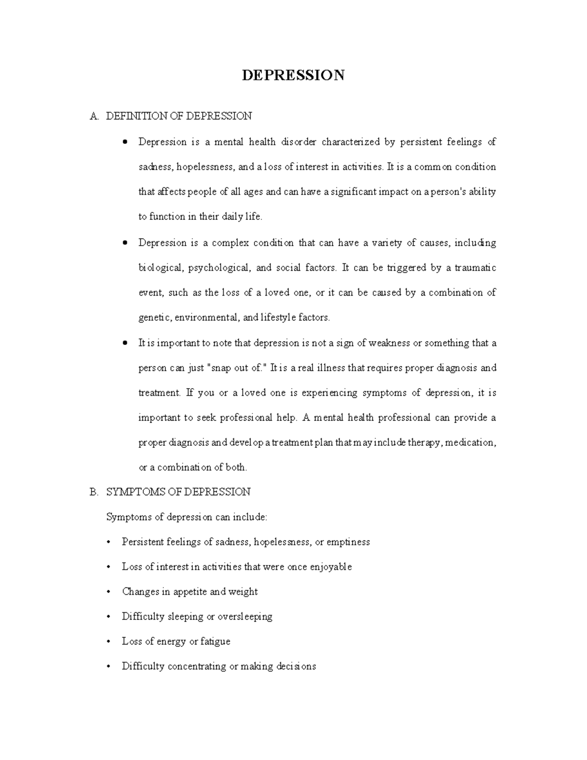 Depression - DEPRESSION A. DEFINITION OF DEPRESSION Depression is a ...