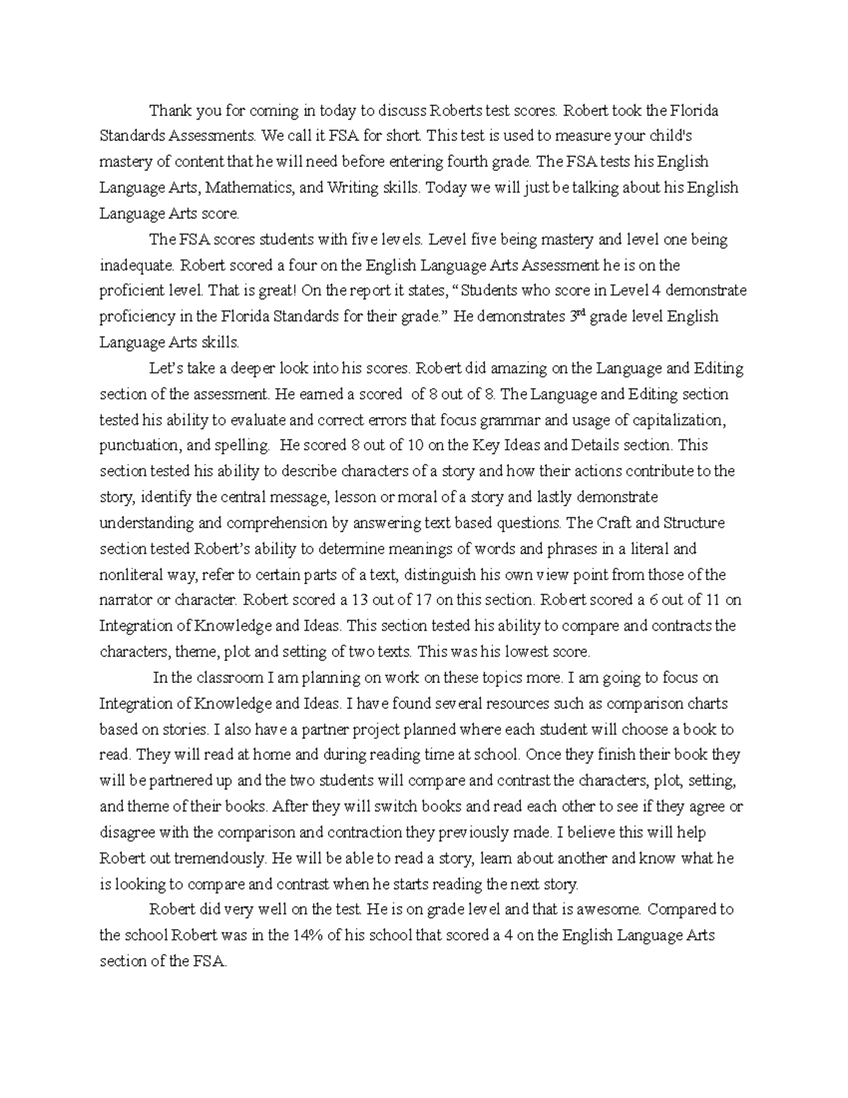 FSA Report - Lesson and Objectives Analyzed for Developmental ...