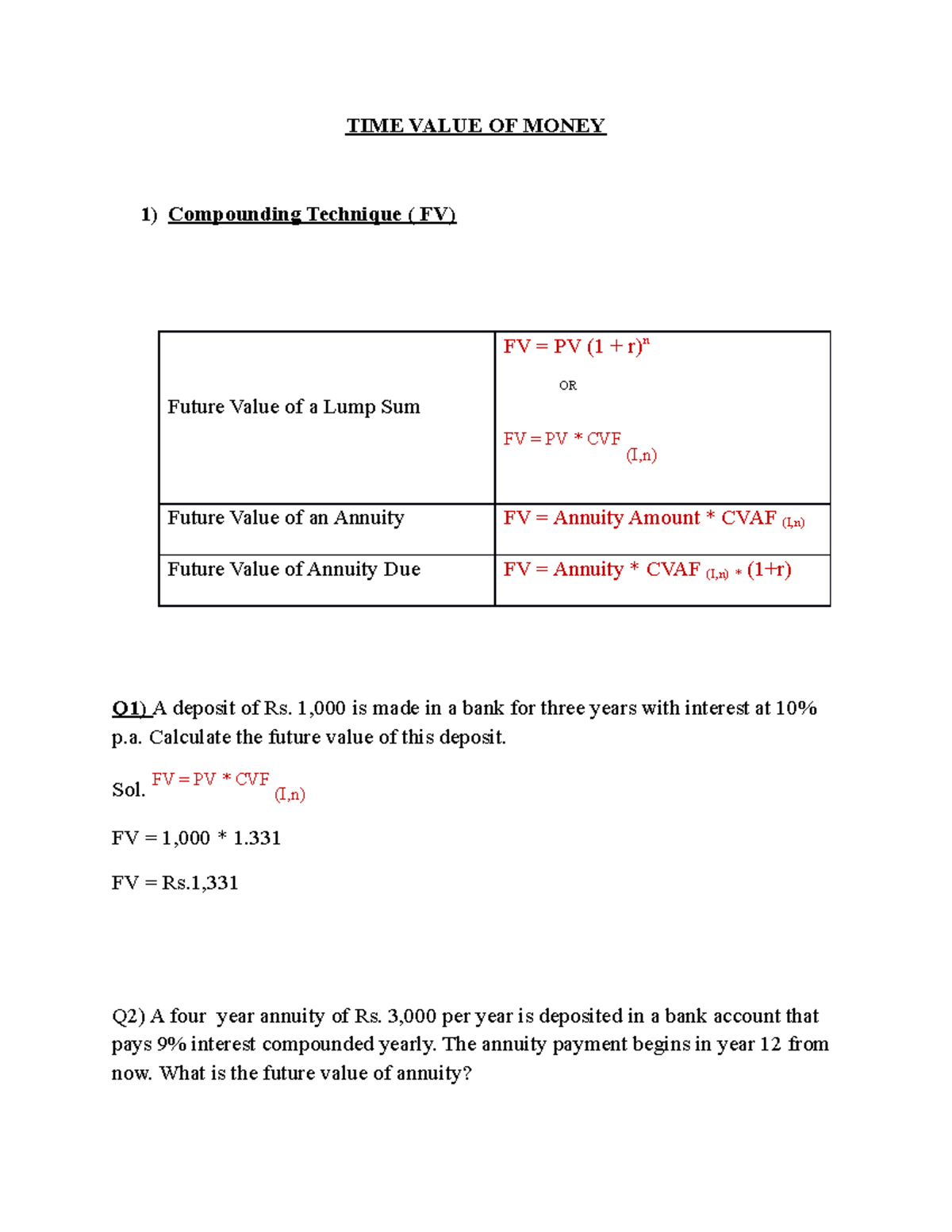 Time Value of Money- Class Numericals - TIME VALUE OF MONEY 1) Compounding Technique ( FV ...