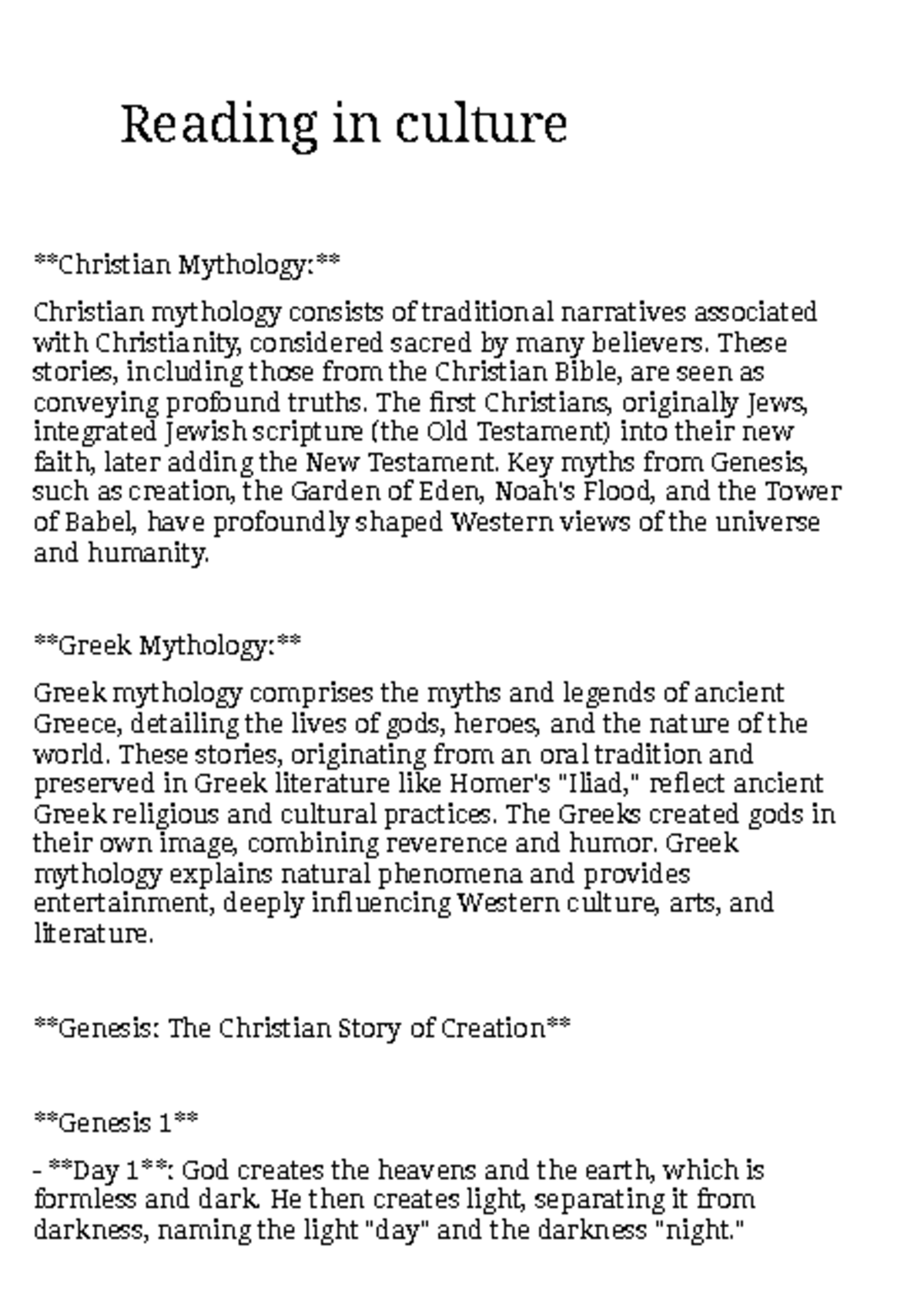 Reading in culture and history and myths - Reading in culture Christian ...
