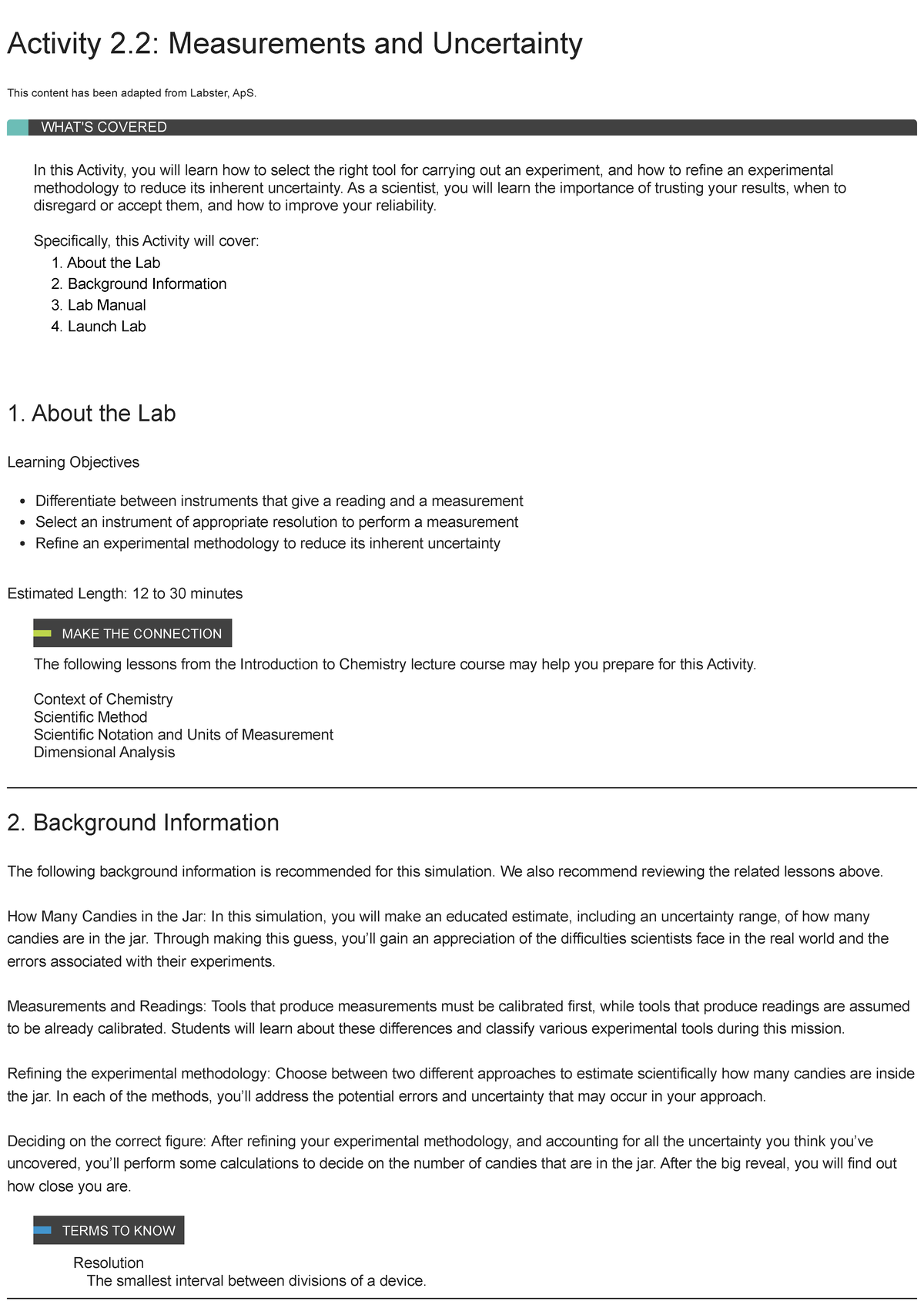 Introduction to Chemistry Lab - Activity 2.2 Measurements and ...