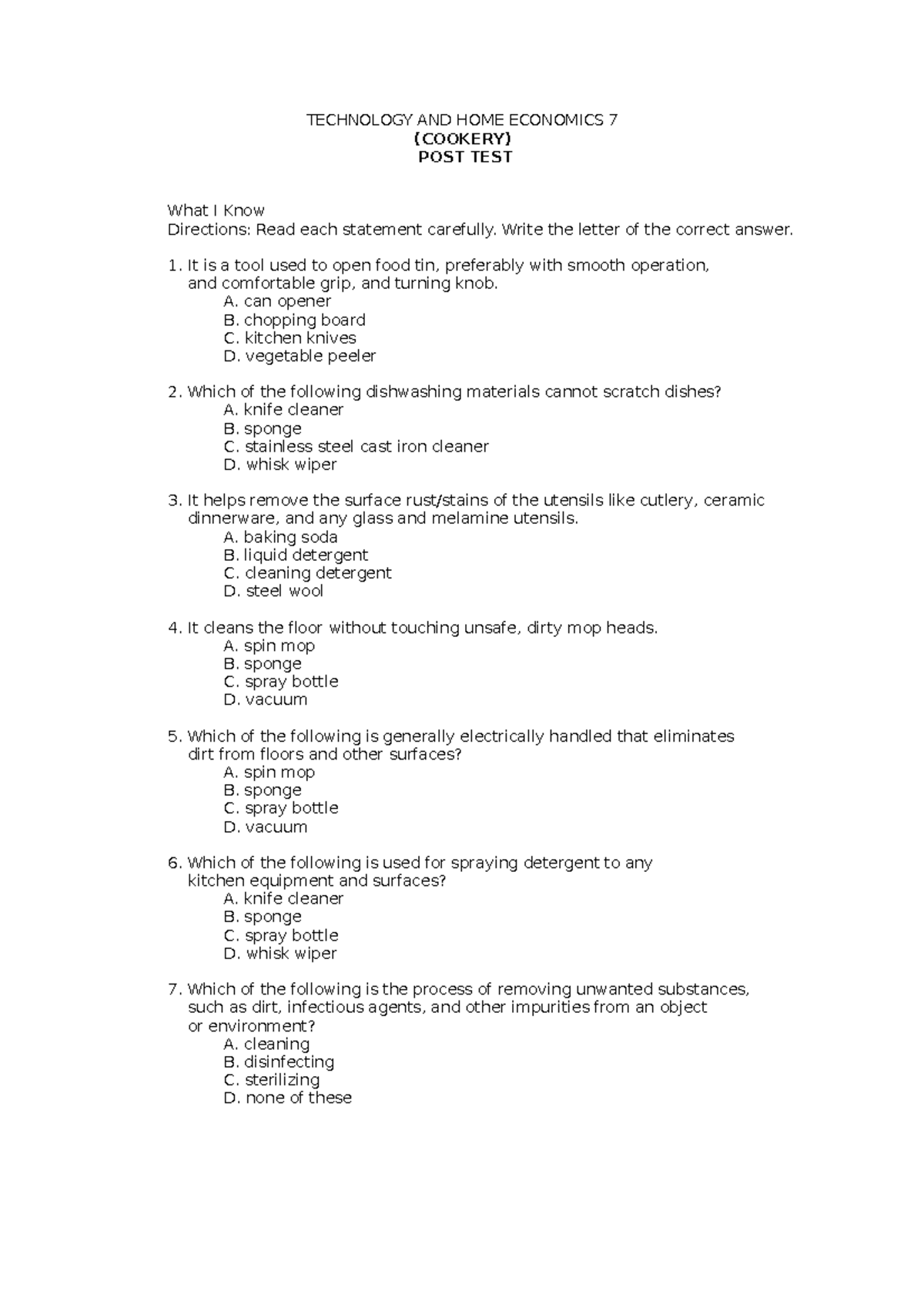 Post test cookery 7 - TECHNOLOGY AND HOME ECONOMICS 7 (COOKERY) POST ...