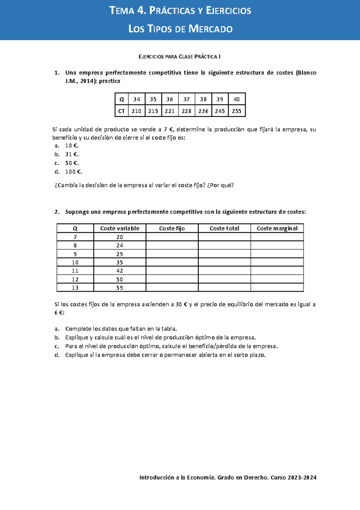 IE Prácticas Tema 4 2023-2024 - EJERCICIOS PARA CLASE PRÁCTICA I 1. Una empresa perfectamente ...