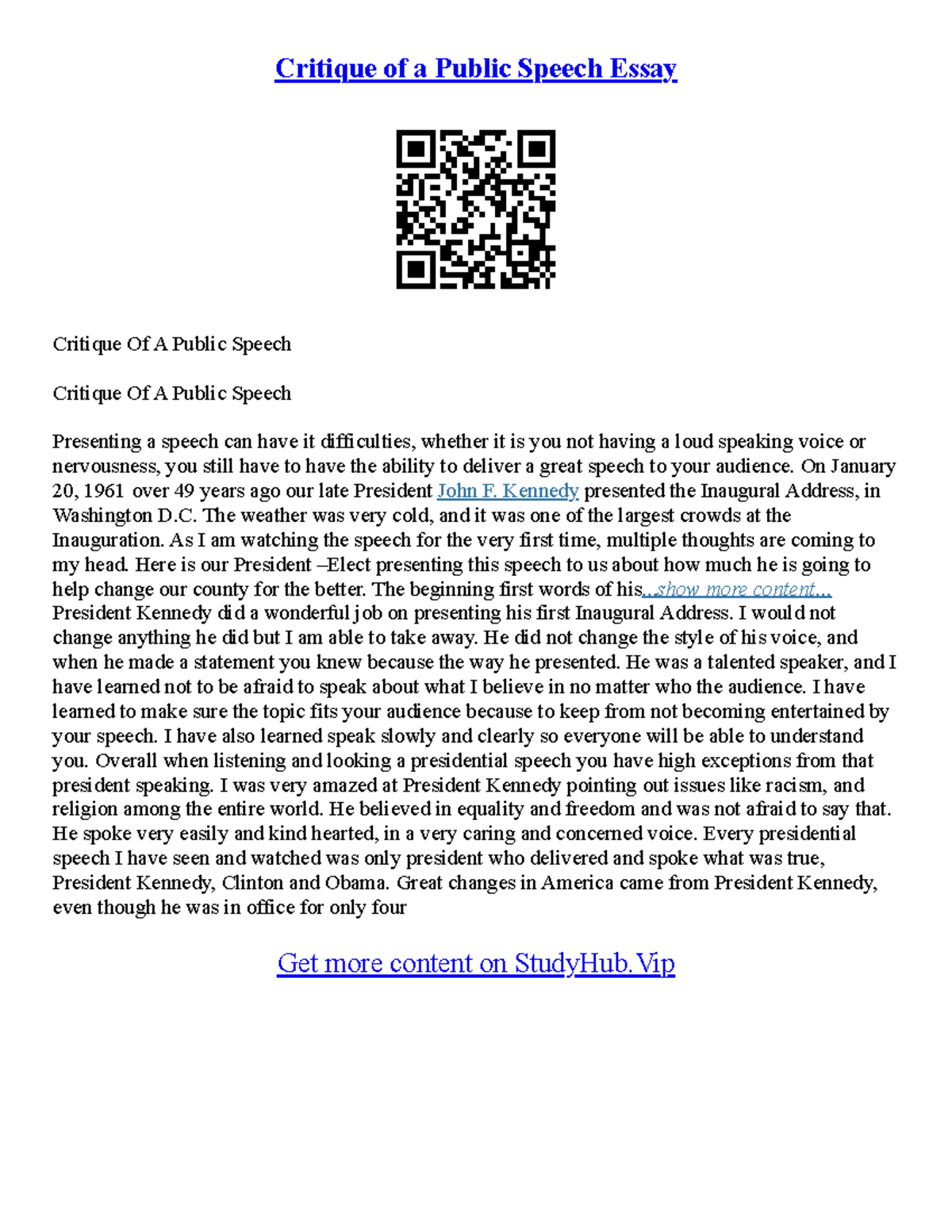 Speech Example Essay - Critique of a Public Speech Essay Critique Of A ...