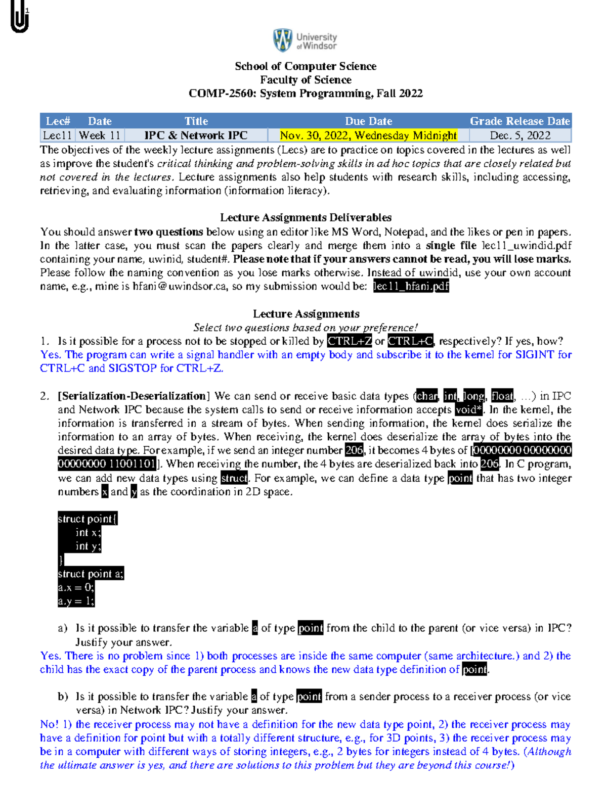 Lec Assignment 7 Answers - 1 School of Computer Science Faculty of Science COMP-2560: System ...