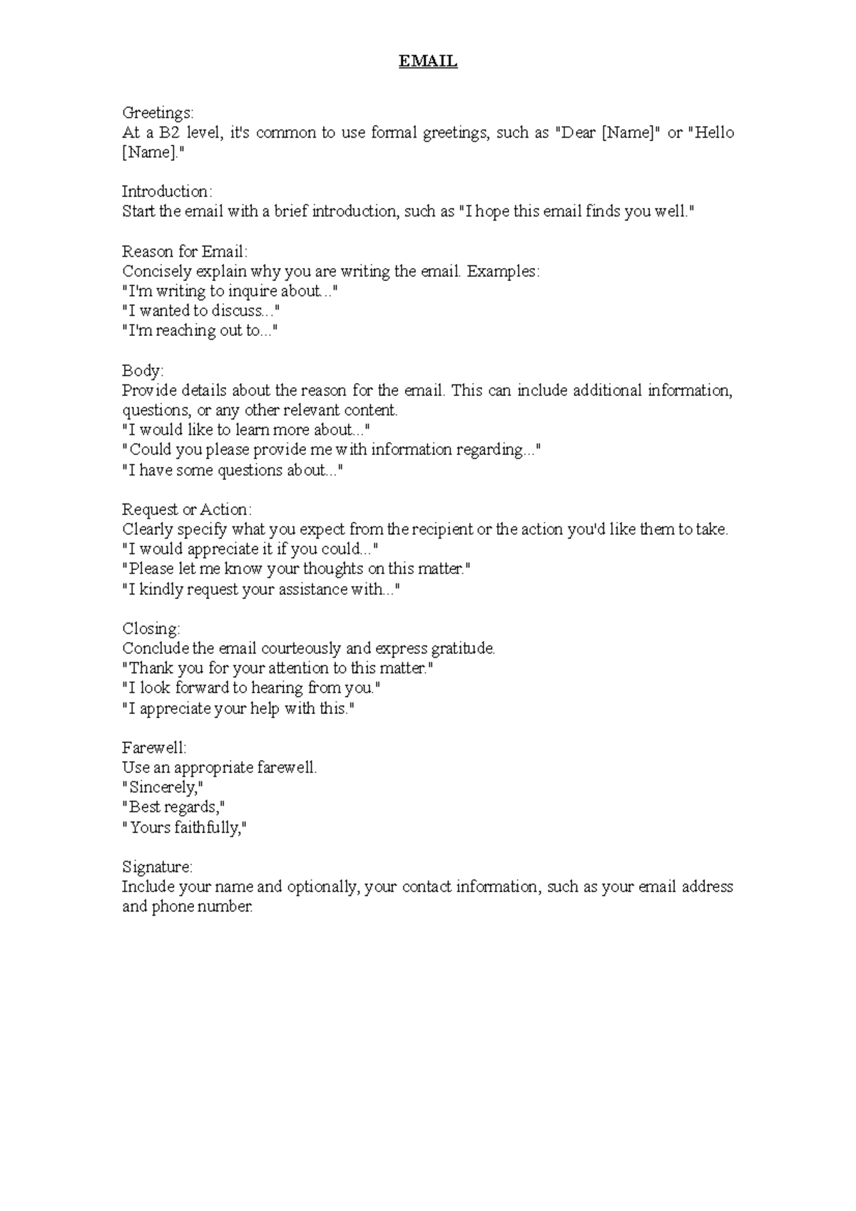 Email B2 - APUNTES - EMAIL Greetings: At a B2 level, it's common to use ...