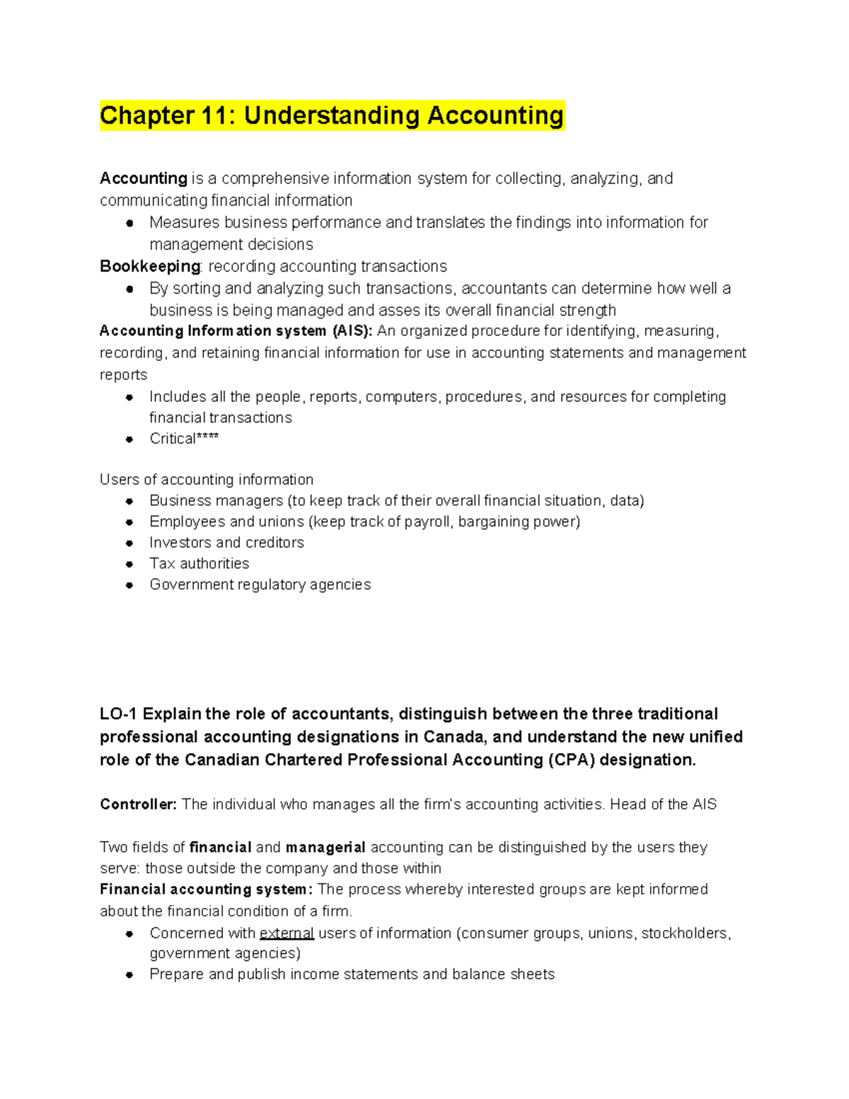 BUS 201 - chapter 11 - Chapter 11: Understanding Accounting Accounting ...