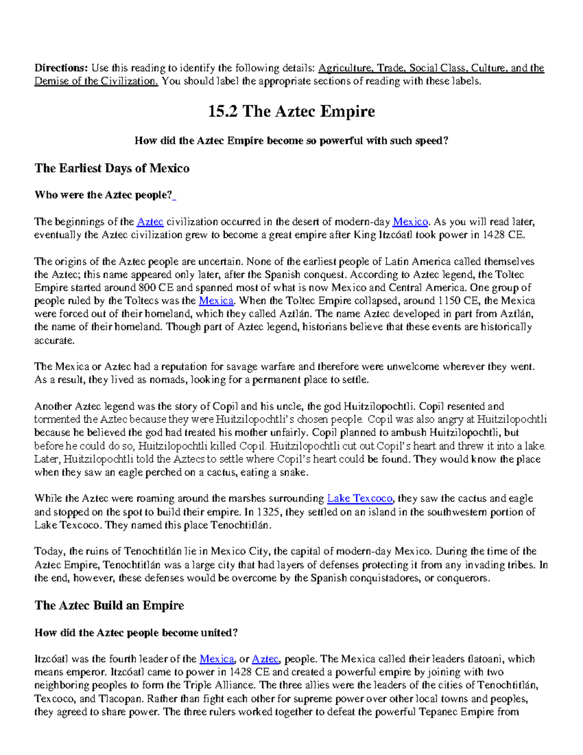 Aztec Reading Techbook - Directions: Use this reading to identify the ...