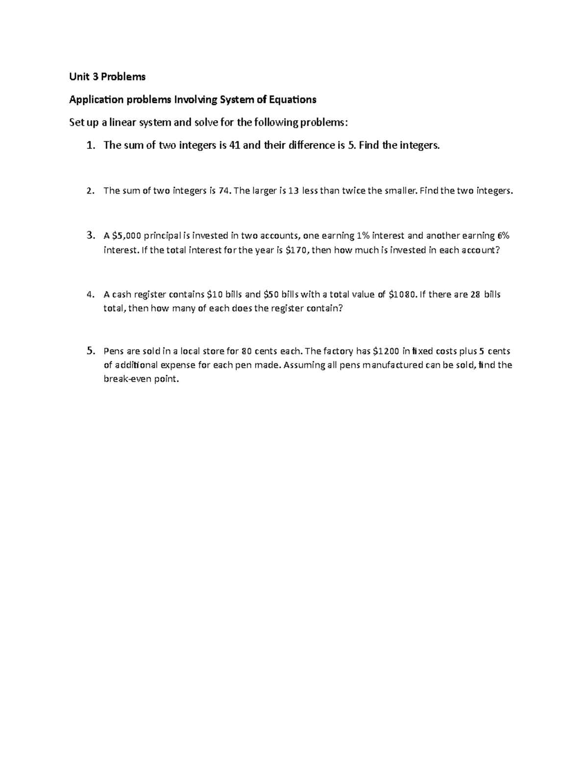 Unit 3 Problems 2020 - Unit 3 Problems Application problems Involving System of Equations Set up ...