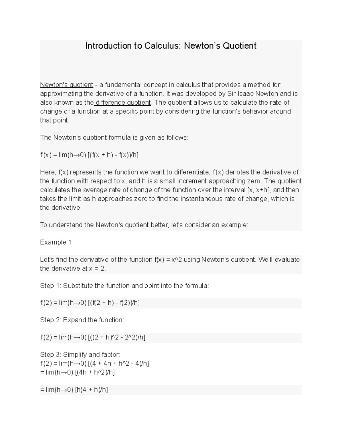 Introduction to Calculus- Newton’s Quotient - Introduction to Calculus ...