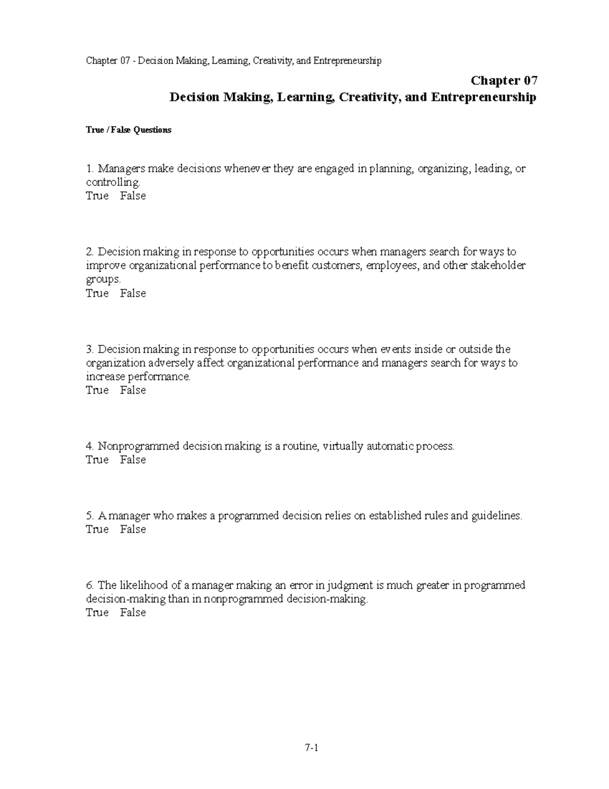 Chap007 - Test bank - Chapter 07 Decision Making, Learning, Creativity ...