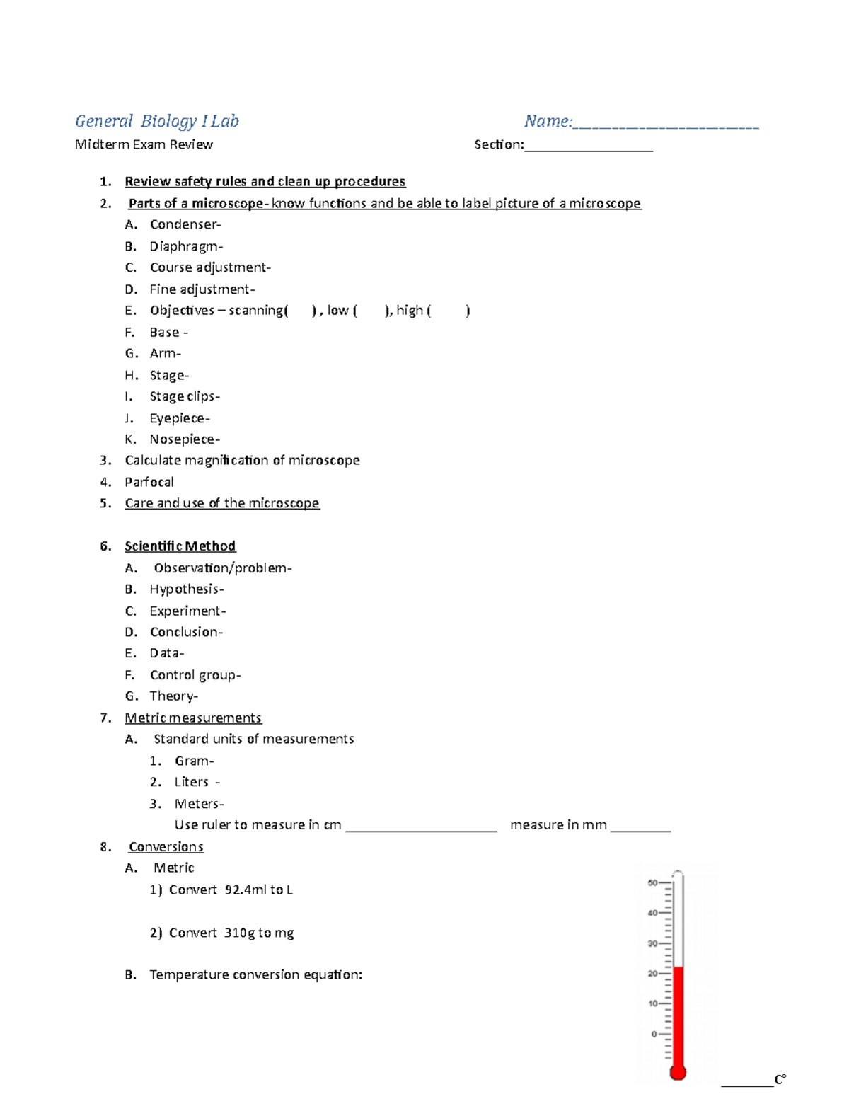GB I Midterm Exam Study Guide Fall 2021 - General Biology I Lab Name