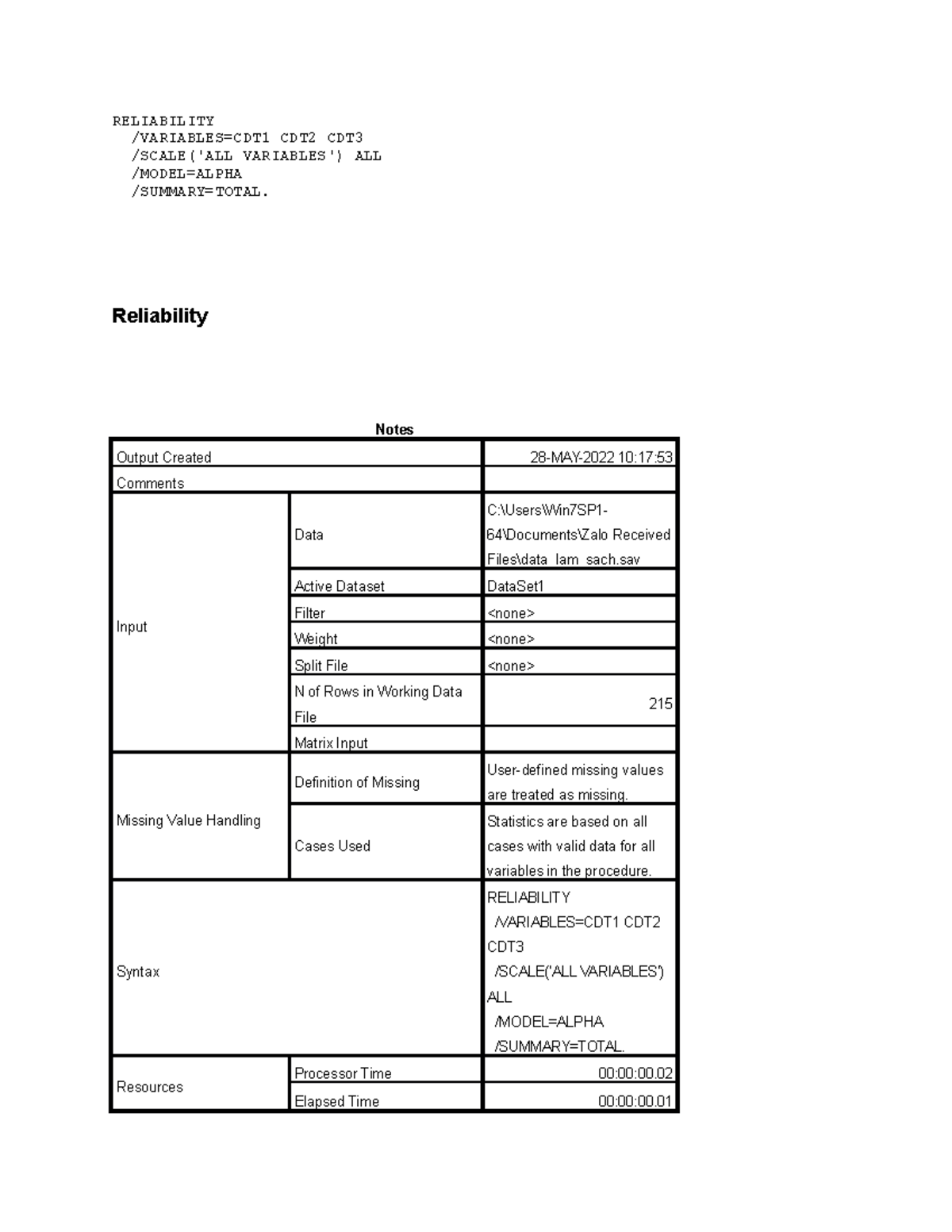 Output - Just Note - RELIABILITY /VARIABLES=CDT1 CDT2 CDT /SCALE('ALL VARIABLES') ALL /MODEL ...