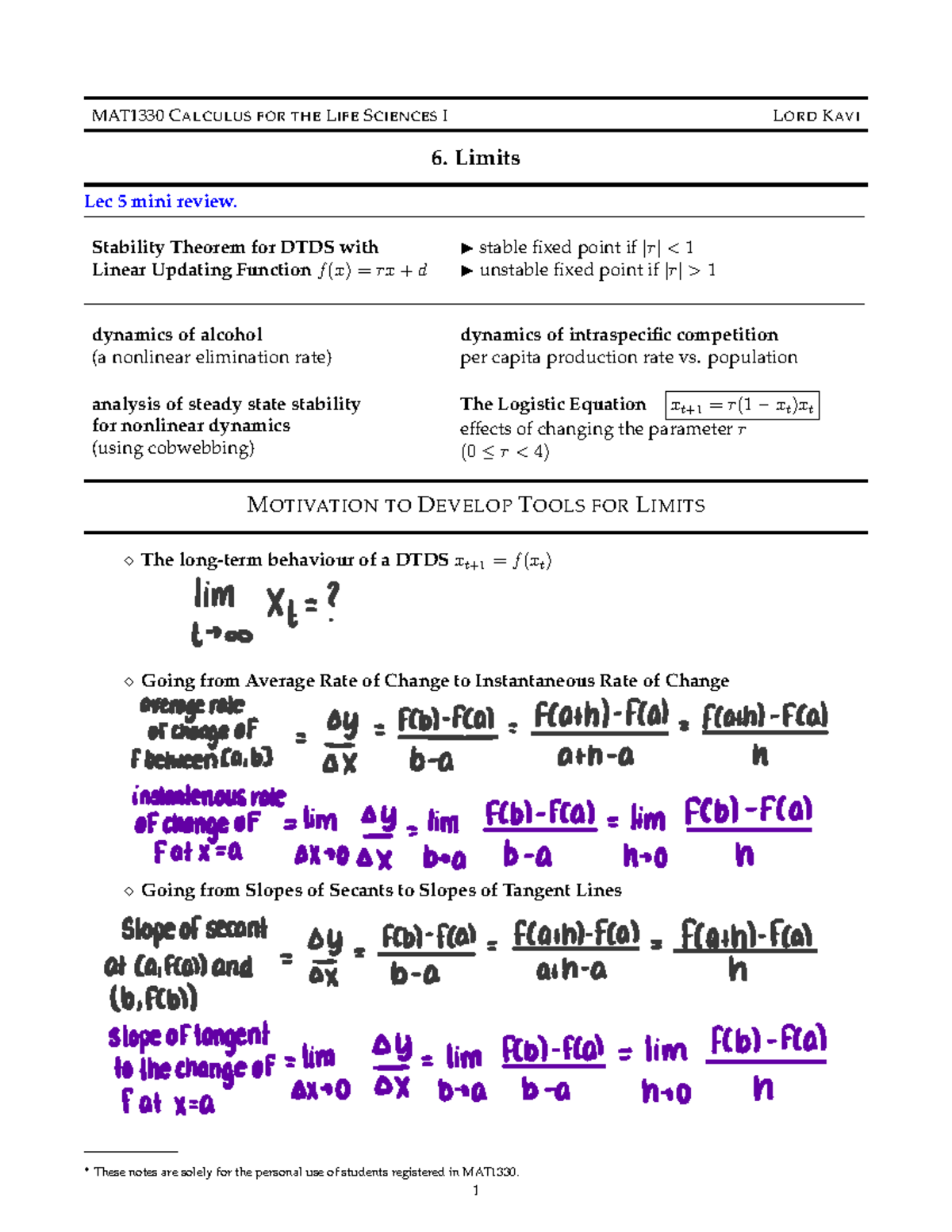 Lecture 6 - Notes on limits from Lord Kavi's class. - MAT1330 CALCULUS ...