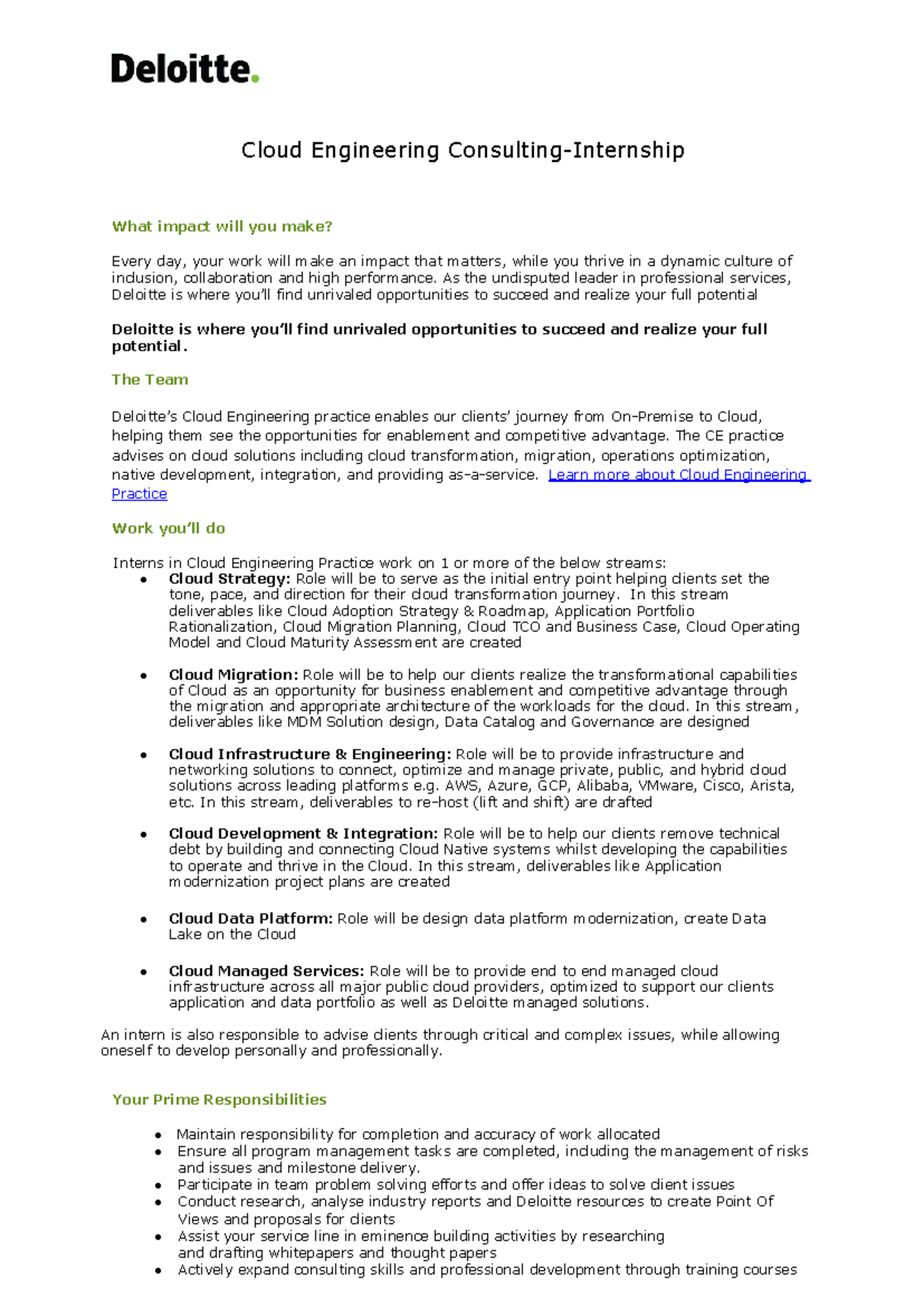 Deloitte BO Intern - Cloud Engineering - What impact will you make? Every day, your work will ...
