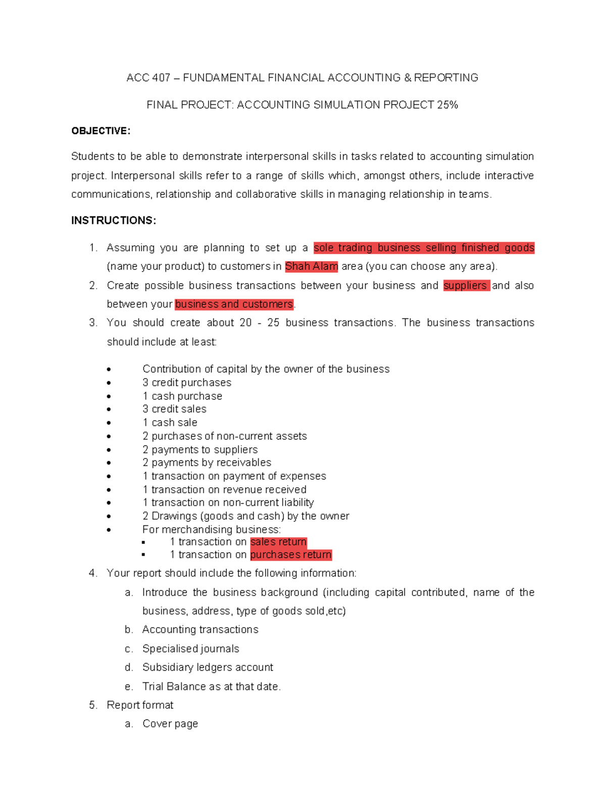 Final Project Accounting Simulation Project - ACC 407 – FUNDAMENTAL ...