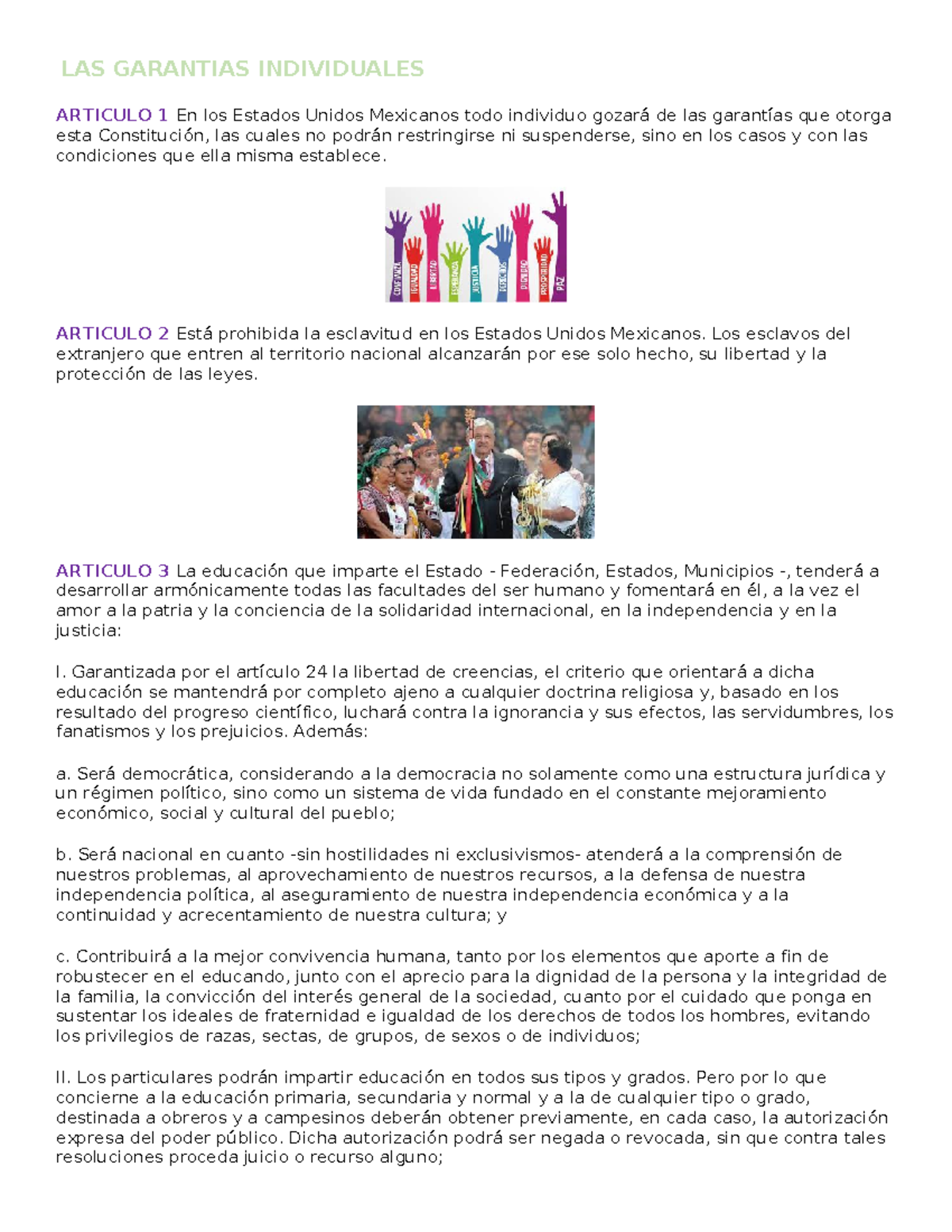 Articulos 1 al 29 derecho - LAS GARANTIAS INDIVIDUALES ARTICULO 1 En ...