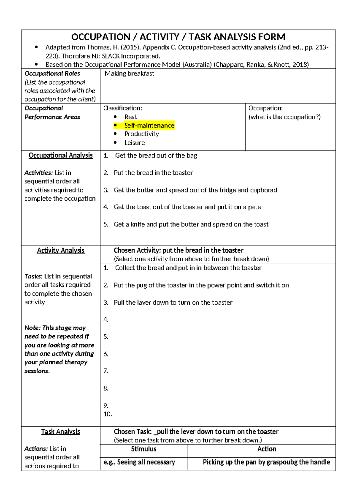 Occupation Activity Task Analysis Template - OCCUPATION / ACTIVITY ...