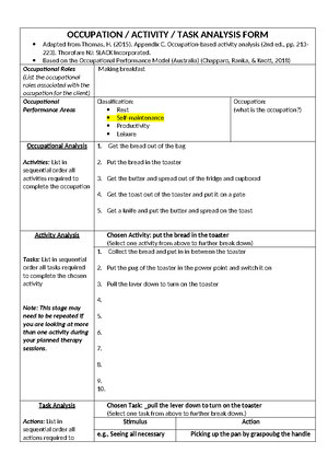 Activity analysis - making toast - OCCUPATION / ACTIVITY / TASK ...