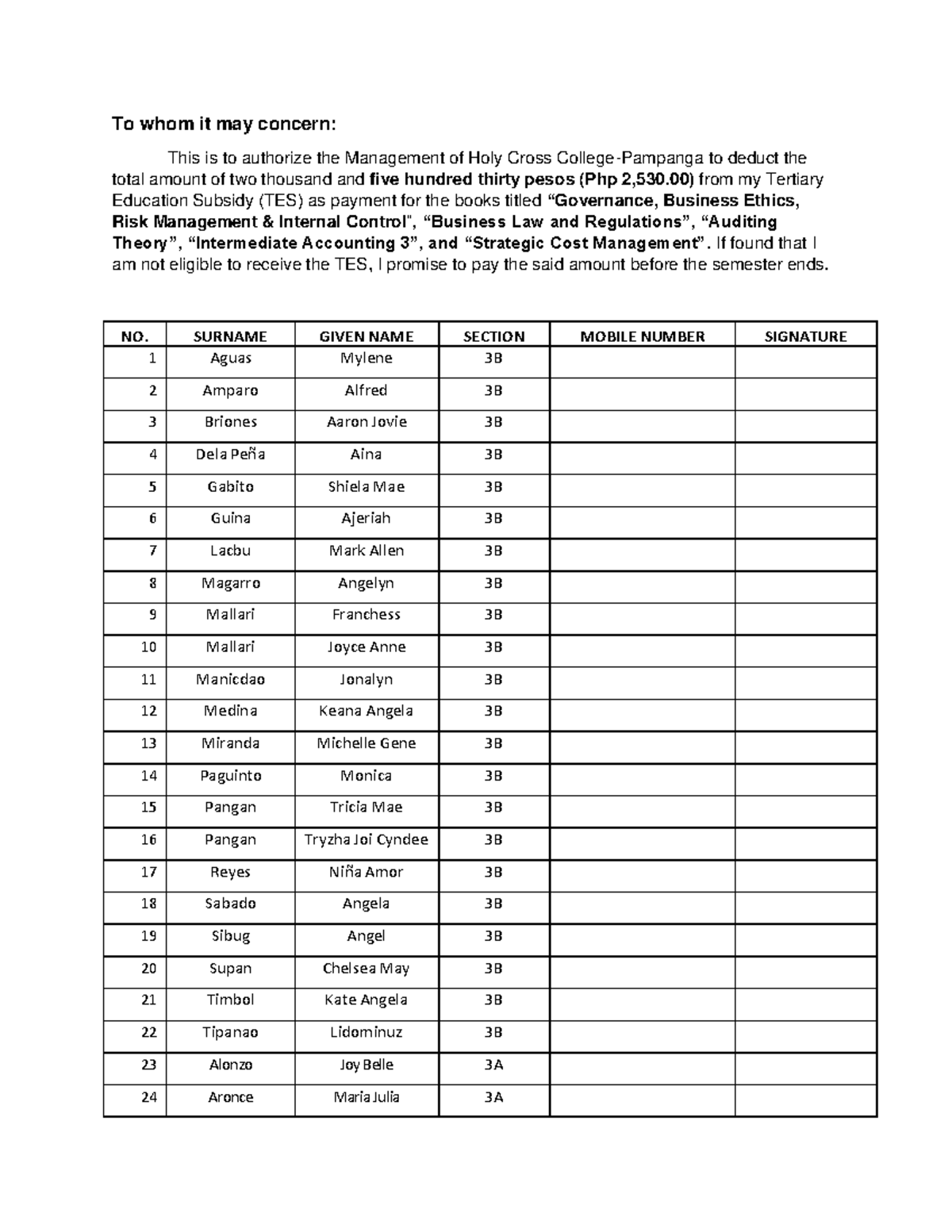 BSA 3rd Year - Undertaking - To whom it may concern: This is to ...