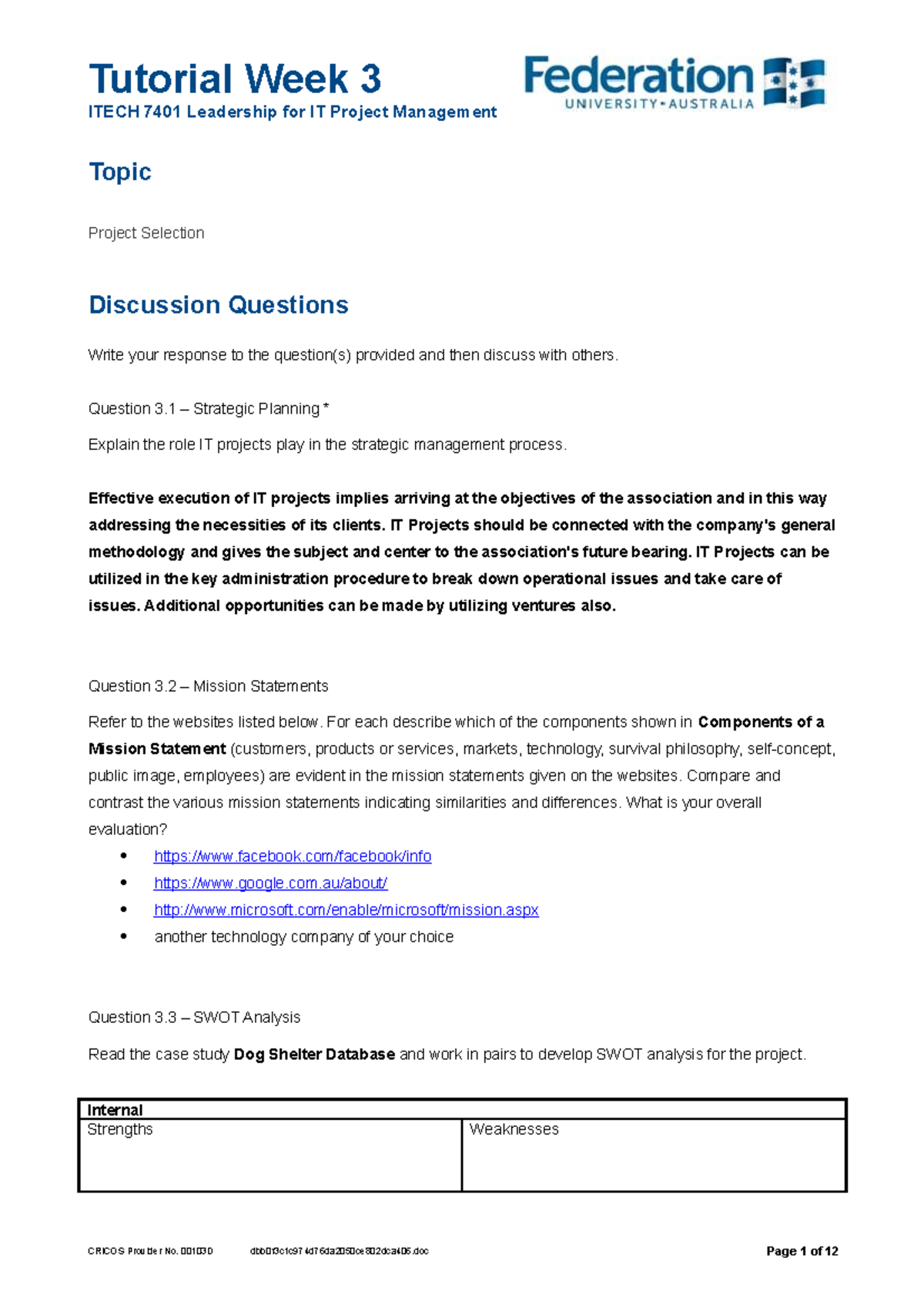 Itech 7401 03 tutorial - ITECH 7401 Leadership for IT Project ...