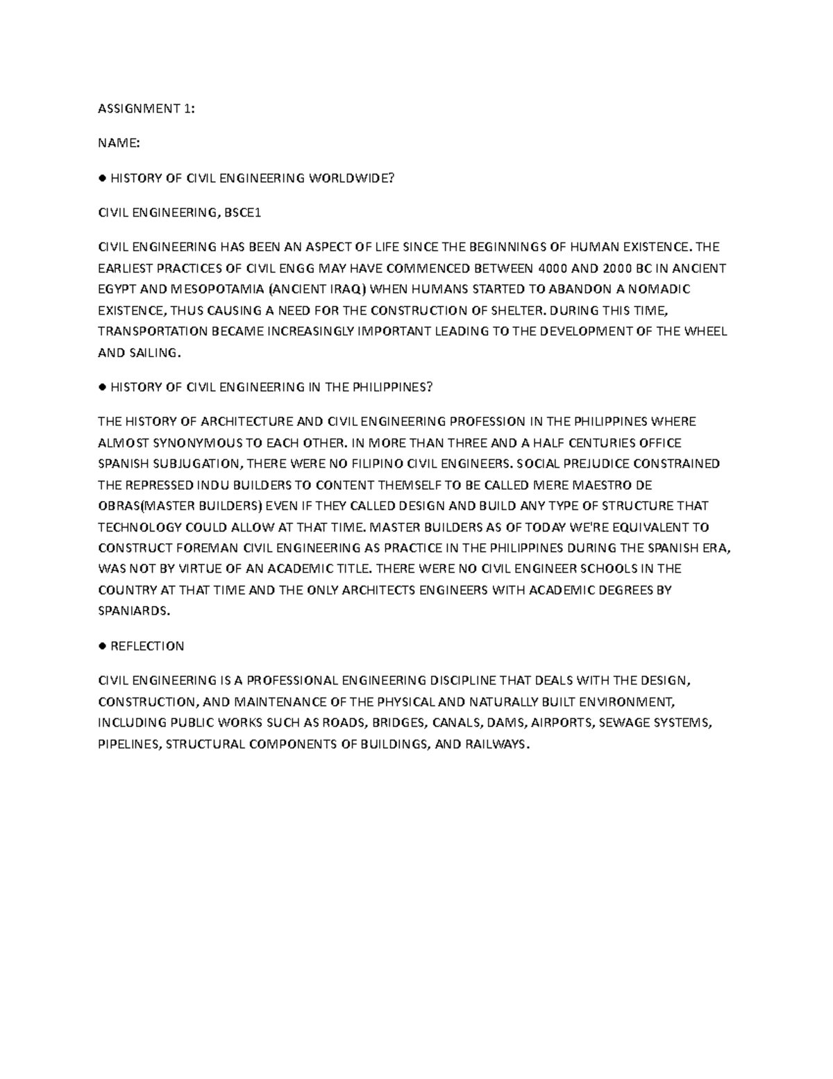 E1 - CIVIL ENGINEERING ORIENTATION - ASSIGNMENT 1: NAME: HISTORY OF ...
