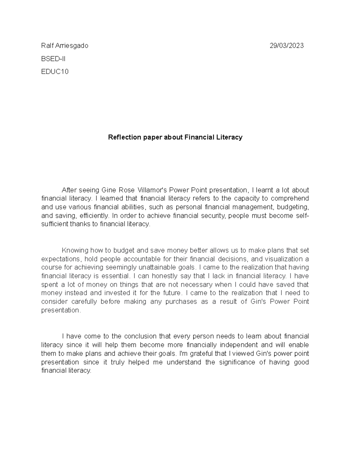 EDUC10- Reflection paper about Financial Literacy - Ralf Arriesgado 29 ...