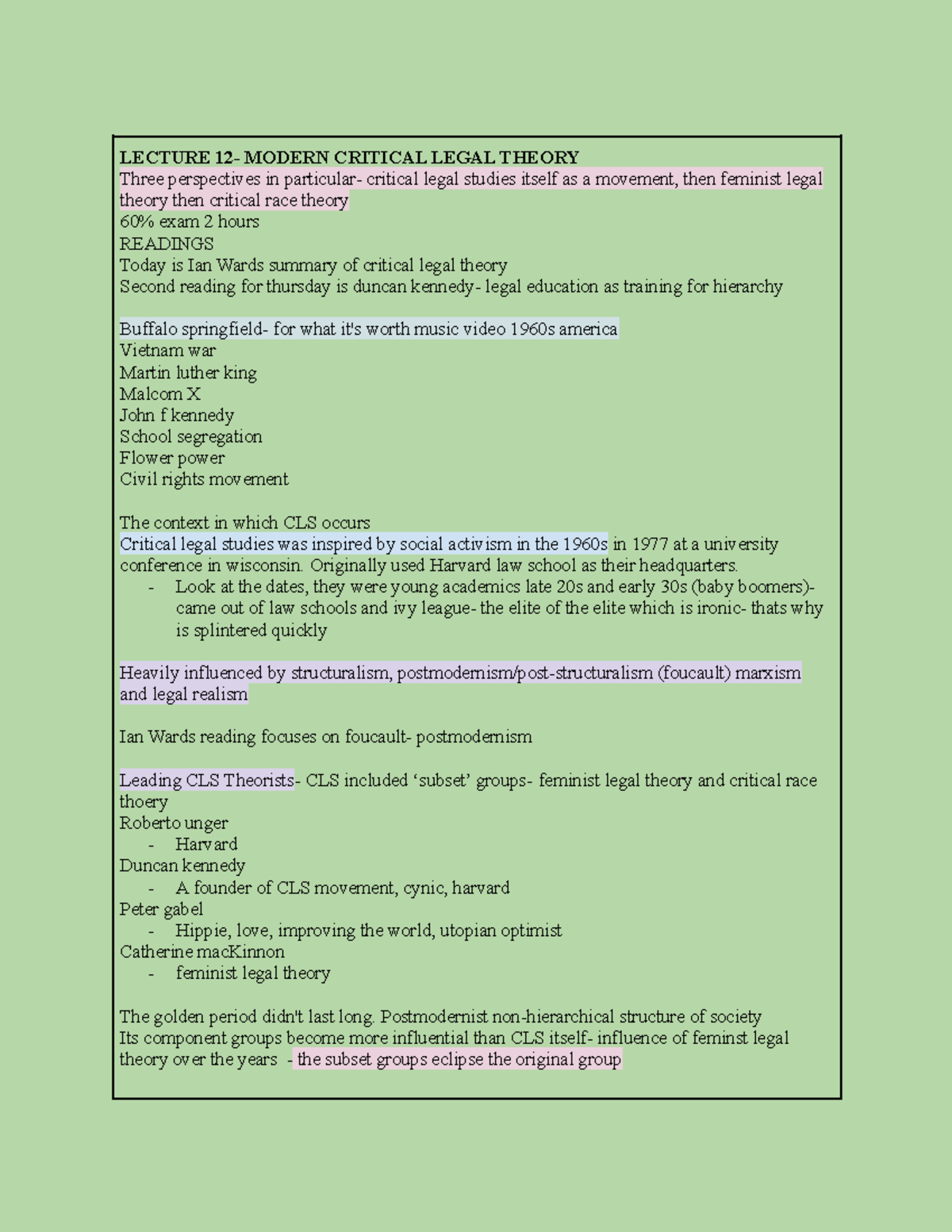 LAWS330-Lecture 12 - jurisprudence - LECTURE 12- MODERN CRITICAL LEGAL ...