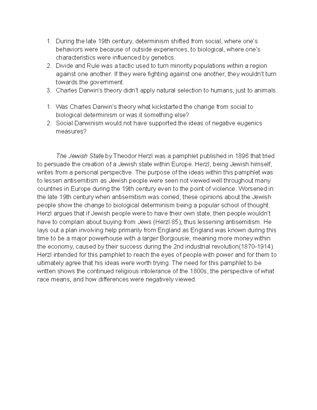 Modern History 3-2-1 Week 7 - During the late 19th century, determinism ...
