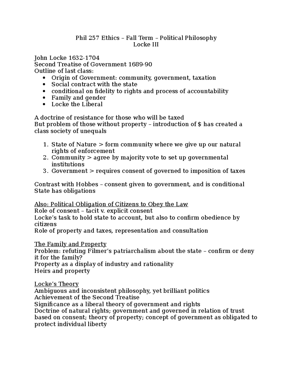 Locke 3 class notes 2022 - Phil 257 Ethics – Fall Term – Political ...