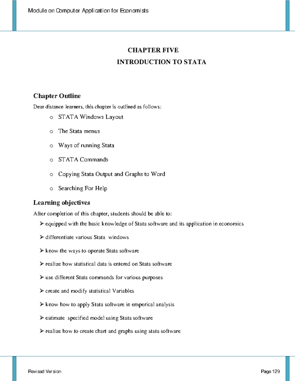 Stata guideline - CHAPTER FIVE INTRODUCTION TO STATA Chapter Outline ...