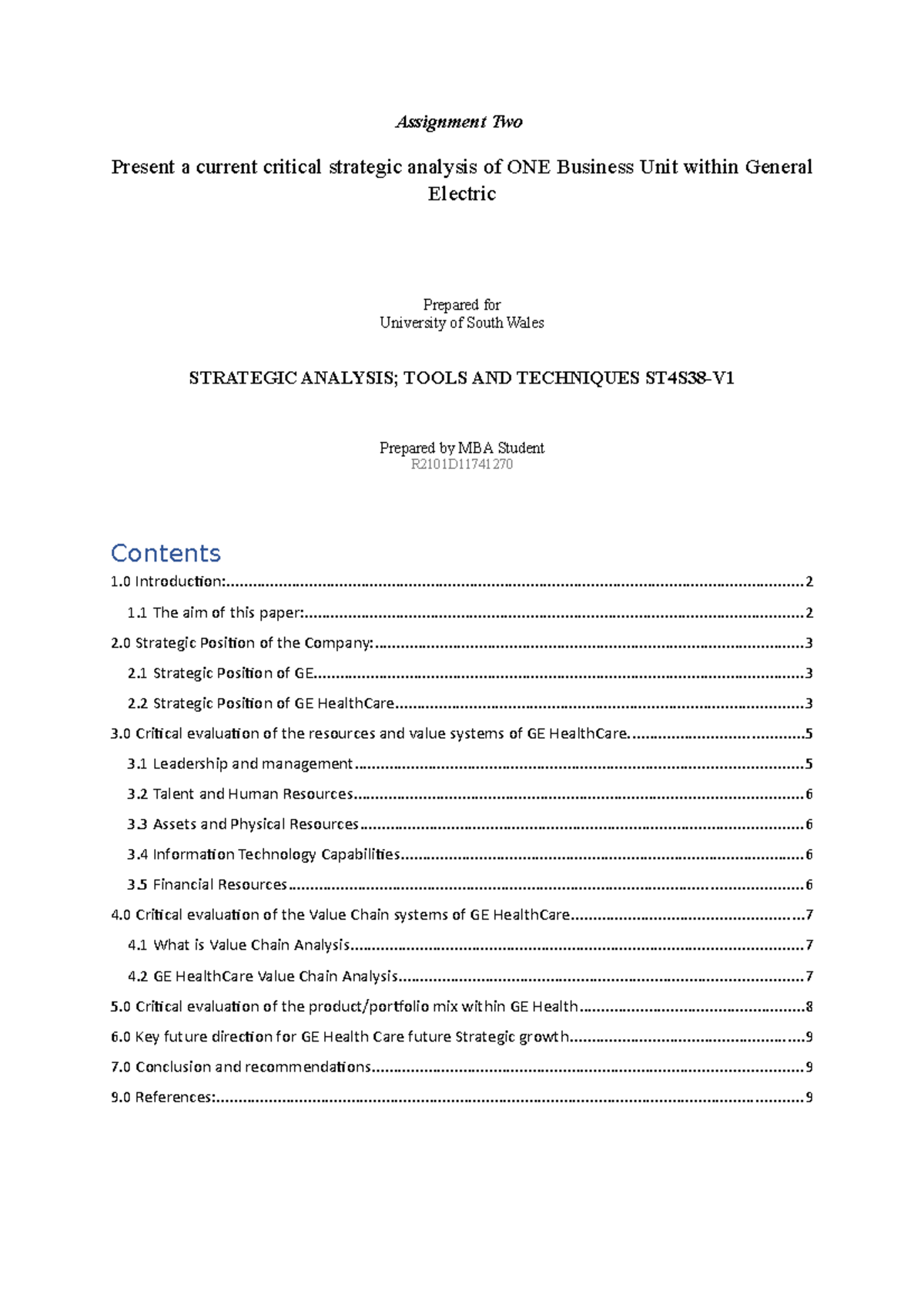 USW Strategic Analysis (ST4S38-V1) Assignment 02 - Assignment Two ...