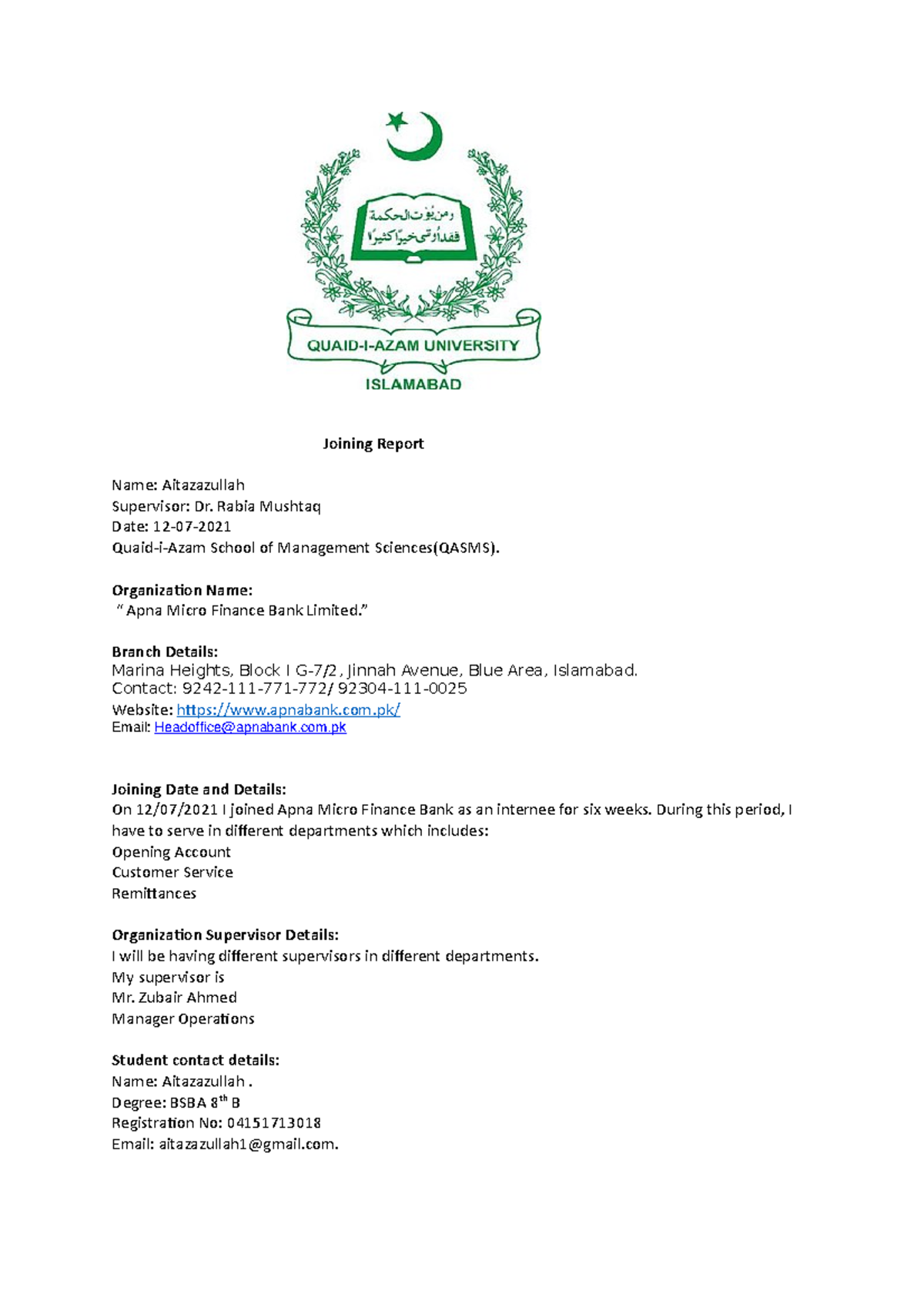 Internship Report Apna MicroFinance bank limited. - Joining Report Name ...