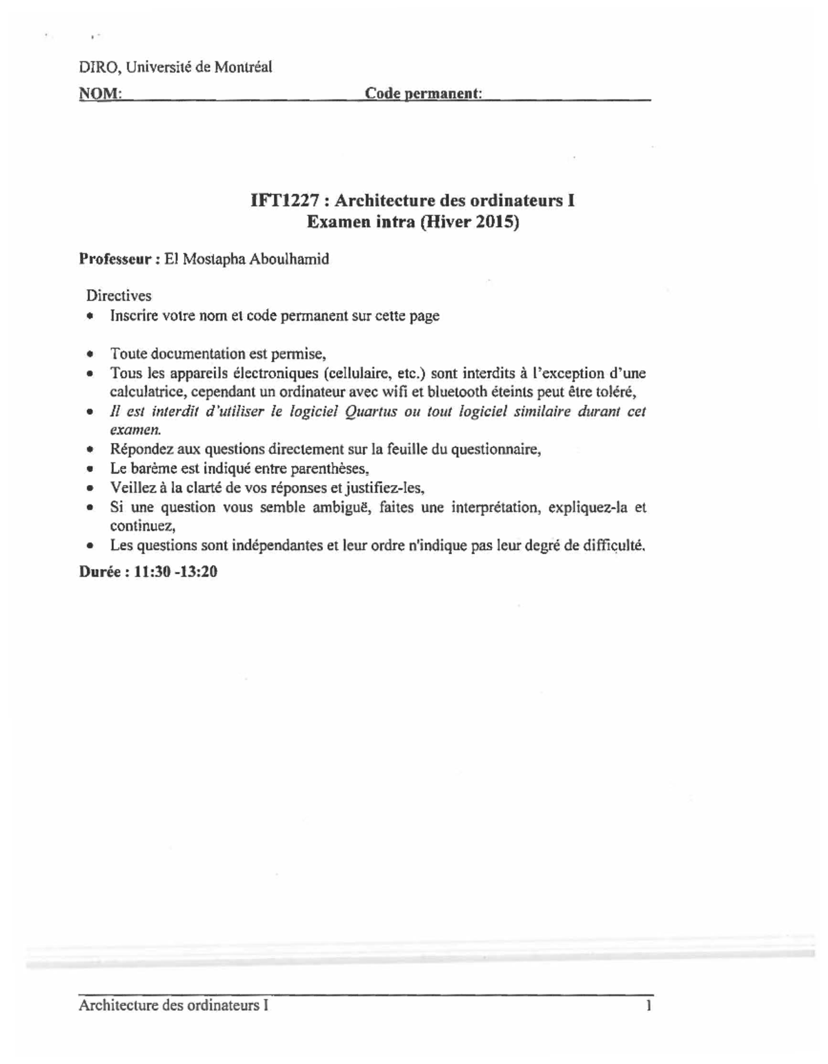 Exams - Examen - DIRO, Université de Montréal NOM: Code permanent ...