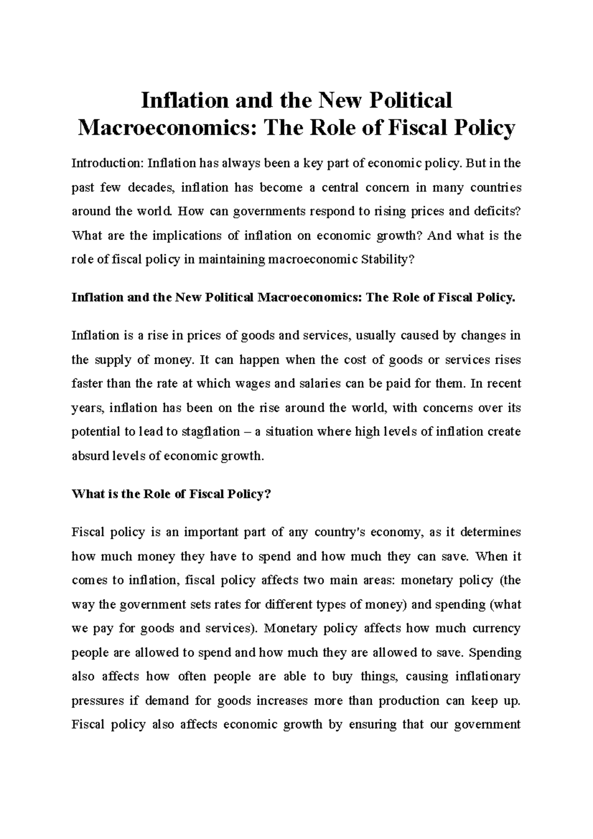 Inflation and the New Political Macroeconomics, The Role of Fiscal ...