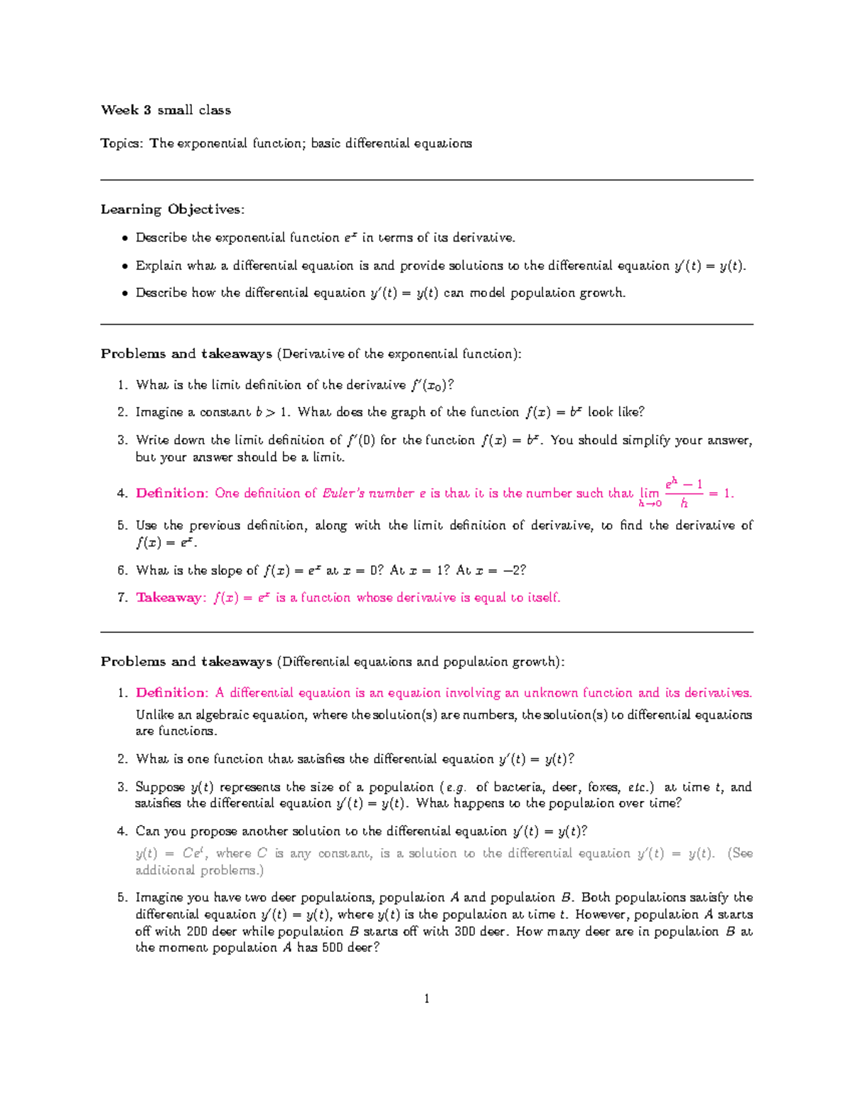 Week 3 Small Class Objectives - Week 3 small class Topics: The exponential function; basic - Studocu