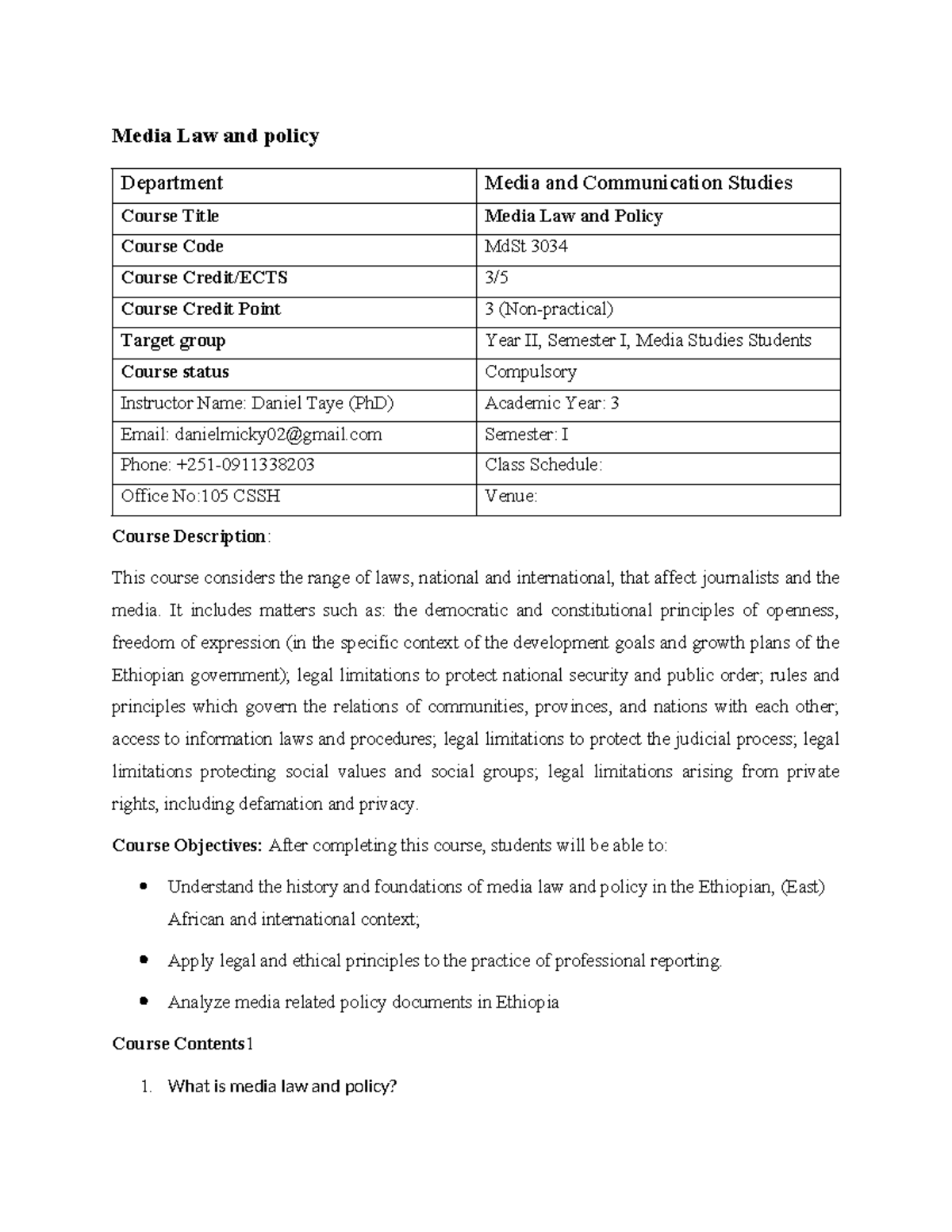 Media law and Ppolicy Course outline - Media Law and policy Department ...