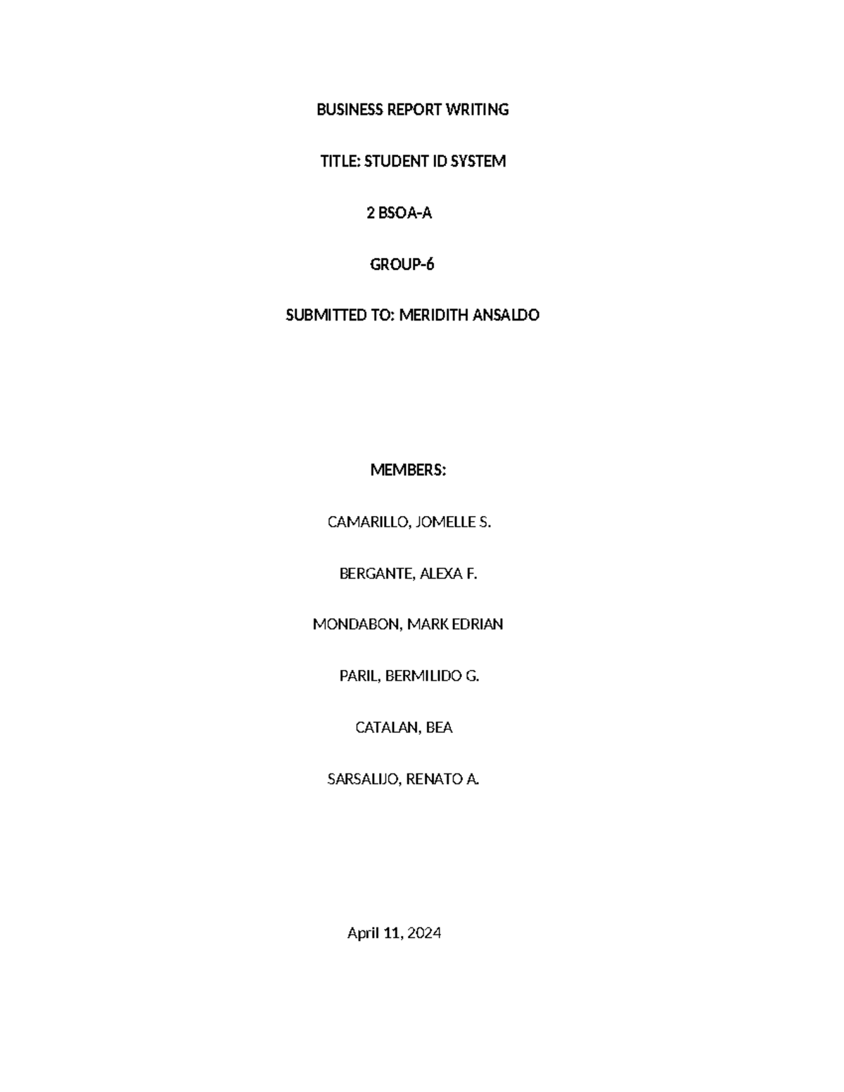 Business Report Writing - BUSINESS REPORT WRITING TITLE: STUDENT ID ...