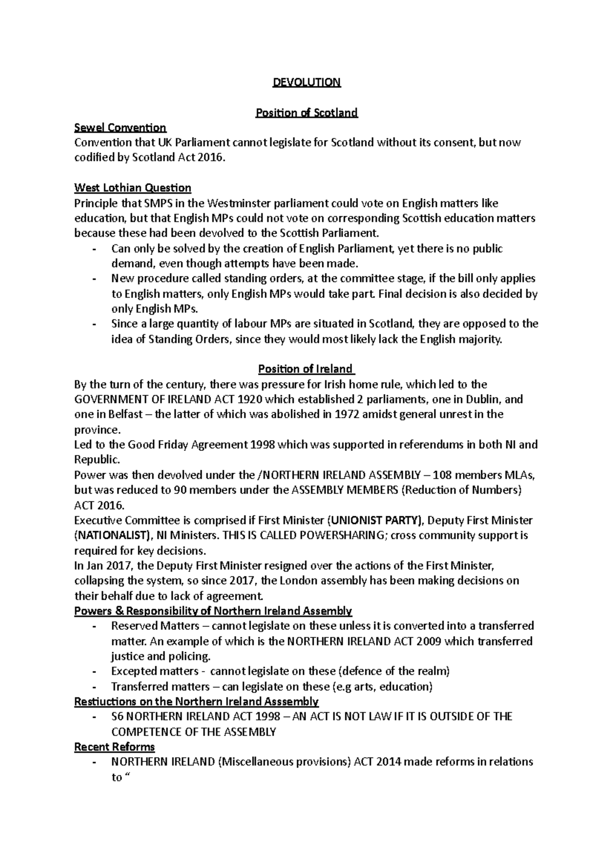Devolution Notes Devolution Posiion Of Scotland Sewel Convenion Convenion That Uk Parliament